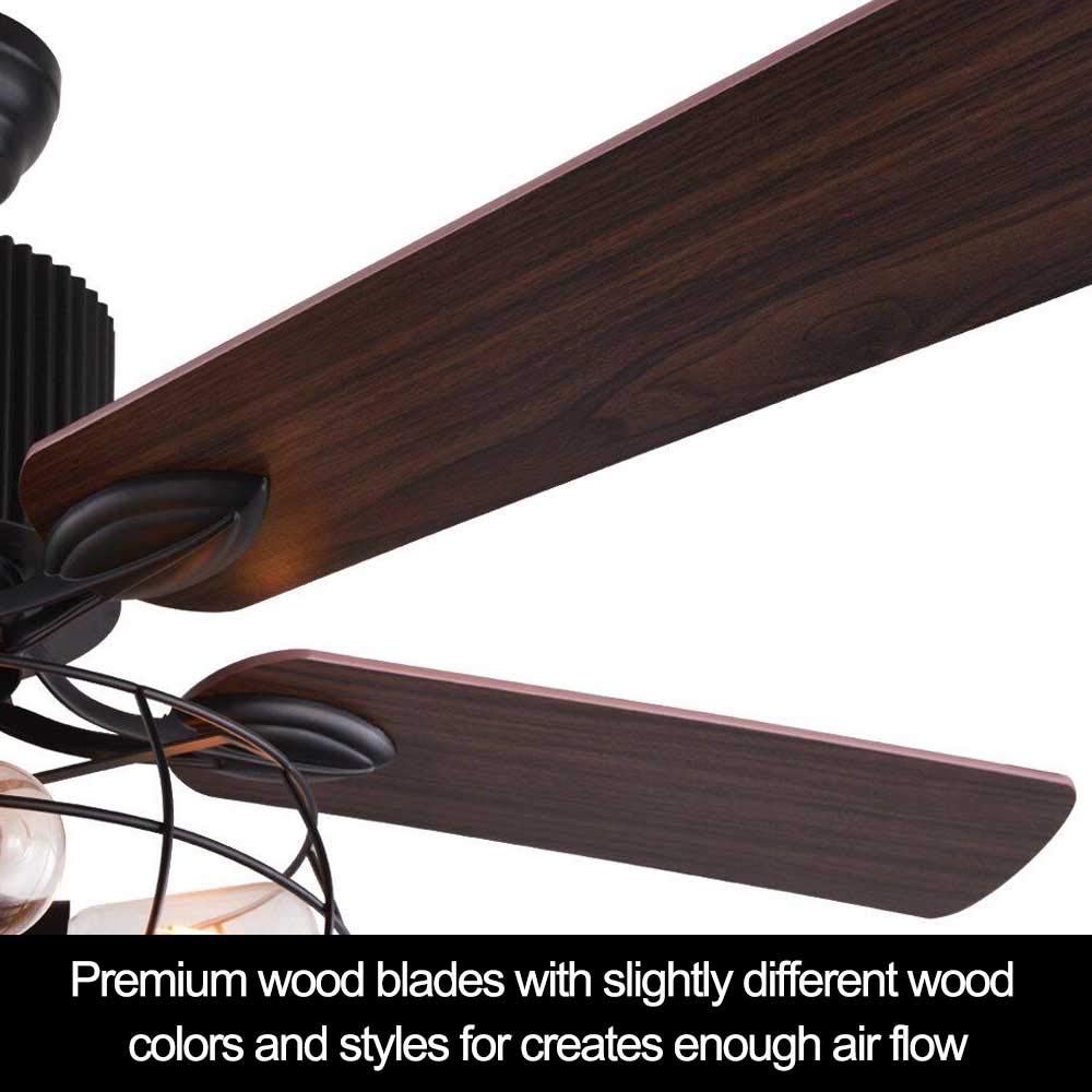 LuxureFan Vintage Industrial Ceiling Fan Light for Restaurant/Living Room with Create Iron Cage Cover Pull Chain/Remote and 5 Reversible Wood Leaves (48Inch)