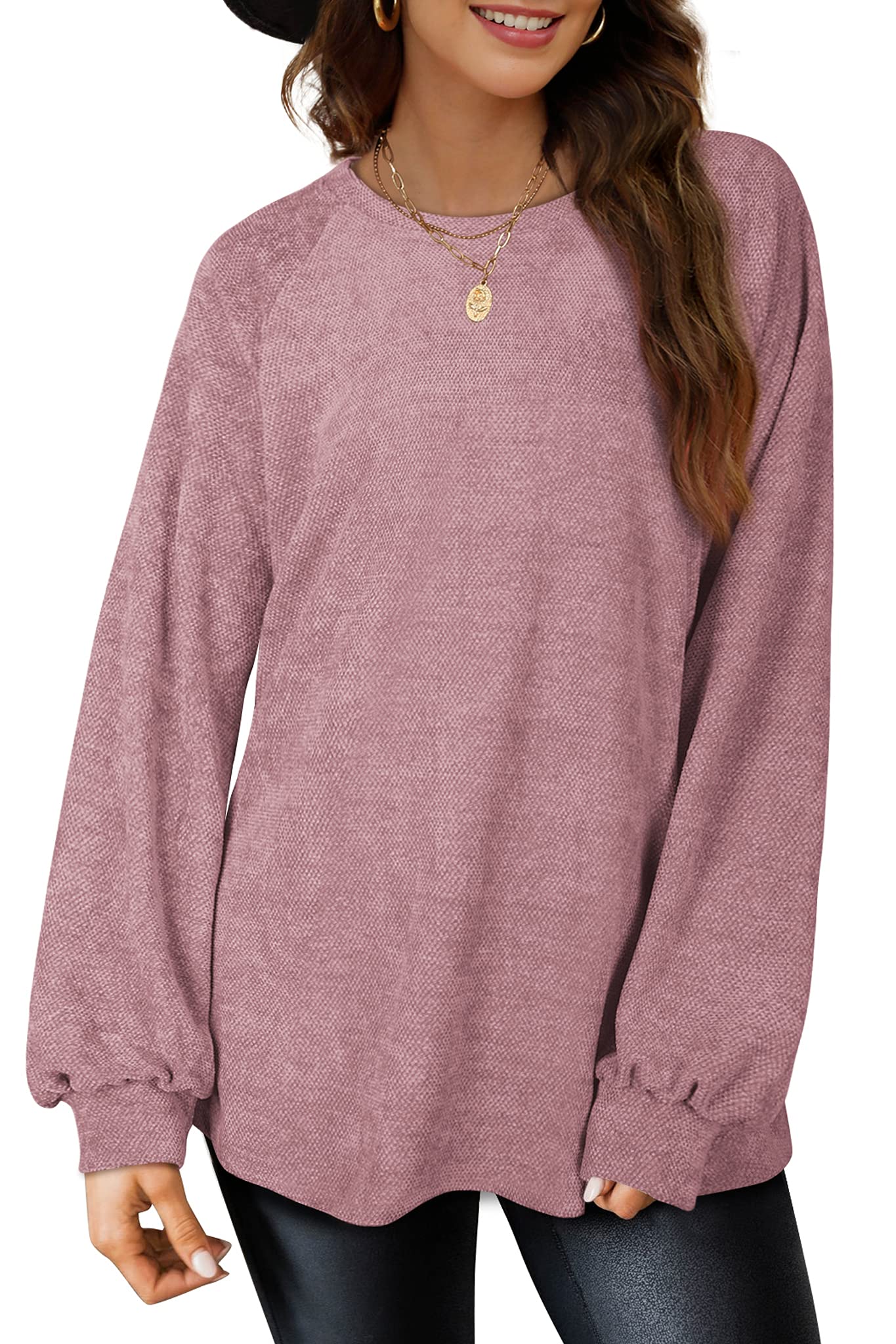 OFEEFAN Oversized Pullover Chenille Sweaters for Women Crewneck Balloon Sleeve Shirts Pale Mauve XL