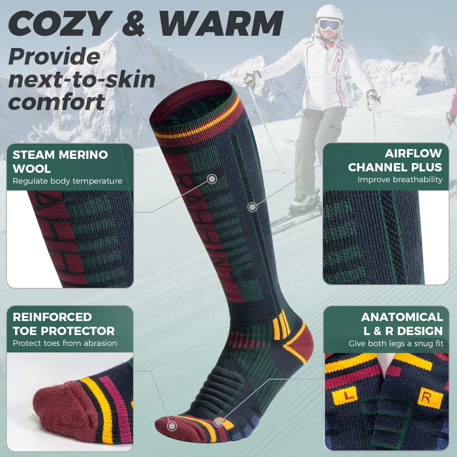 Rahhint Merino Wool Ski Socks 2-Pack, Compression Knee High Thermal Socks Womens Mens for Skiing Snowboarding Cold Weather