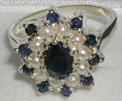LetsBuyGold 925 Sterling Silver Real Genuine Sapphire and Cultured Pearl Womens Band Ring - Size 7