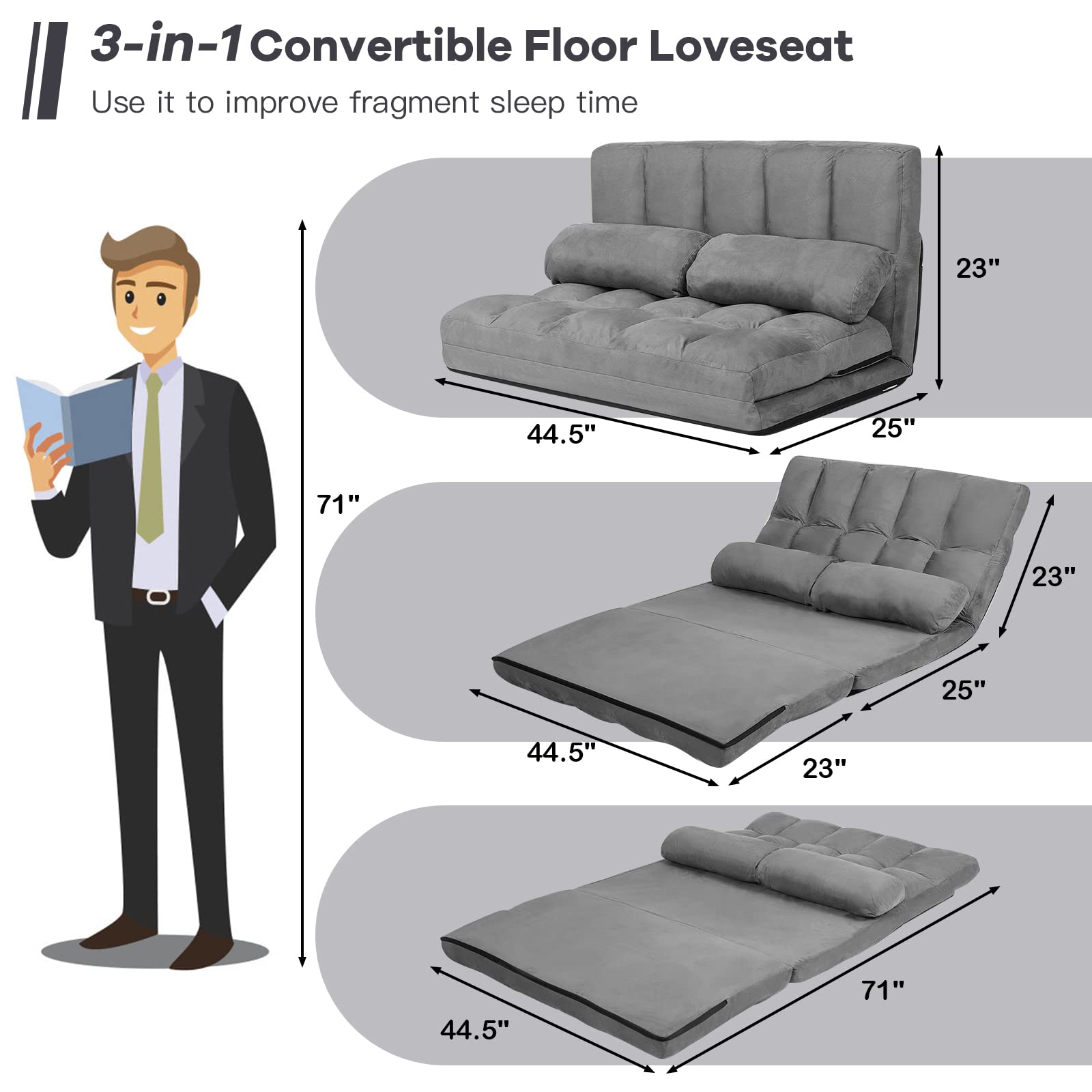 KOMFOTT Adjustable Floor Sofa Bed, Foldable Lazy Sofa Sleeper Bed with 6 Position Backrest & 2 Pillows, Convertible Futon Couch Bed with Suede Cloth Cover, Lounge Recliner for Living Room