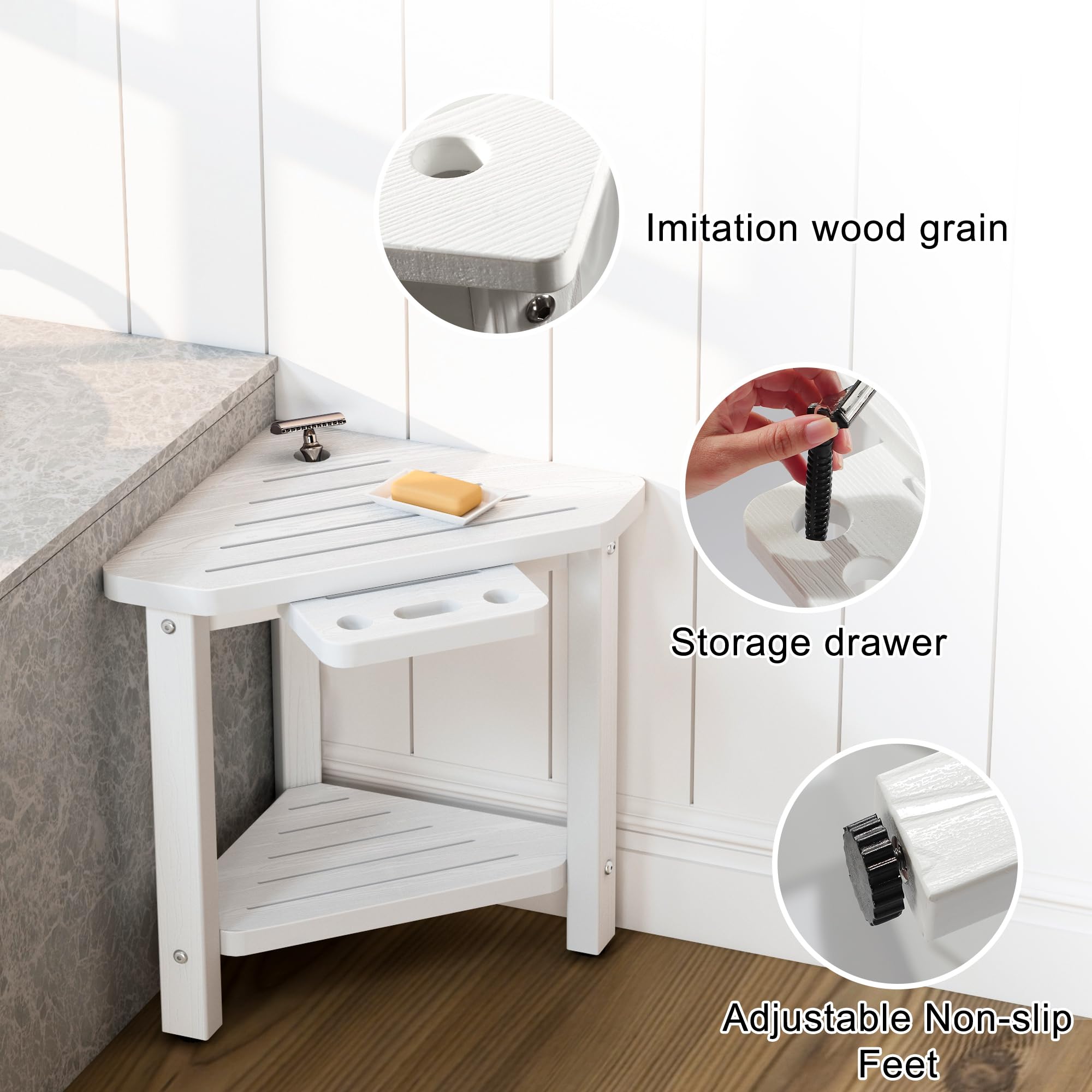 YIGII Corner Shower Stool - Waterproof Bathroom Shower Bench with Adjustable Feet, Non-Slip Corner Bench with Storage Shelf for Shaving Legs, Indoor/Outdoor Use, White