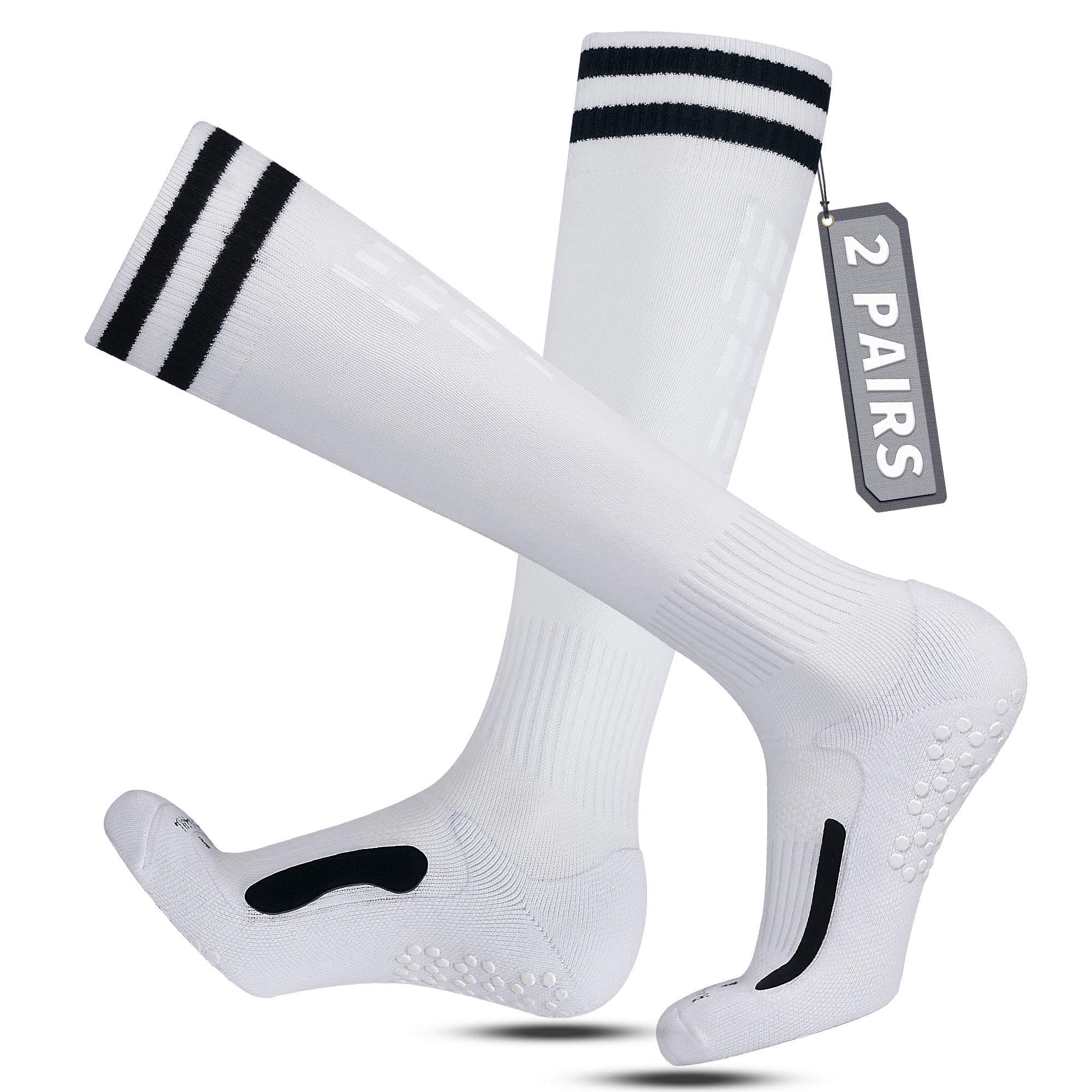 Rahhint Soccer Socks (2 Pack) Anti Slip Grip Socks Multi-Sport Compression Knee High Crew Socks for Adult&Children White