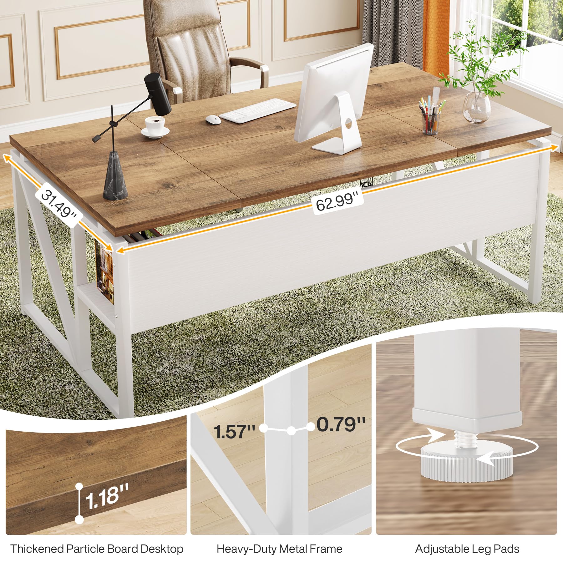 Tribesigns 63 inches Computer Desk with Bottom Storage Shelf Home Office Desk Writing Table for Workstation,Dark Walnut + Steel Leg, Cabinet not Included (Light Walnut, 63-inch-with Shelf)