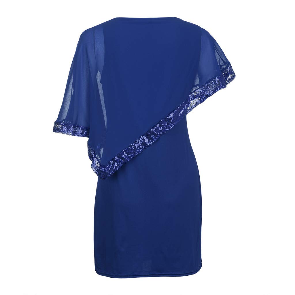 Mikilon Plus Size S-5XL Cold Shoulder Mini Dress for Women Sexy Shawl O Neck Bodycon Blue