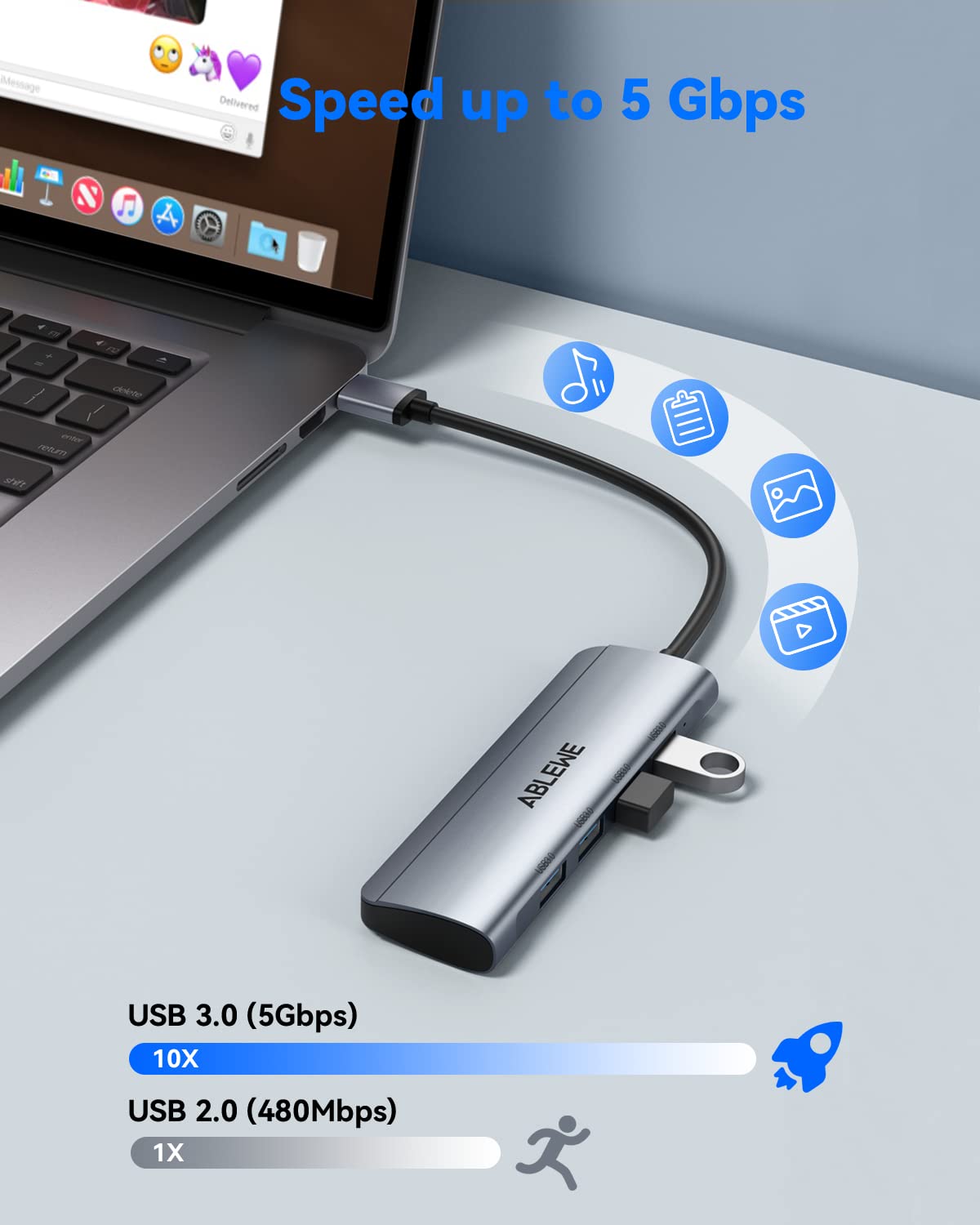 USB Hub, ABLEWE 4-Port USB Splitter for Laptop, Slim USB 3.0 Hub Keyboard and Mouse Adapter Compatible with PC, Laptop, MacBook Air, Mac Pro, iMac, Dell, Surface Pro, Flash Drive, Mobile HDD