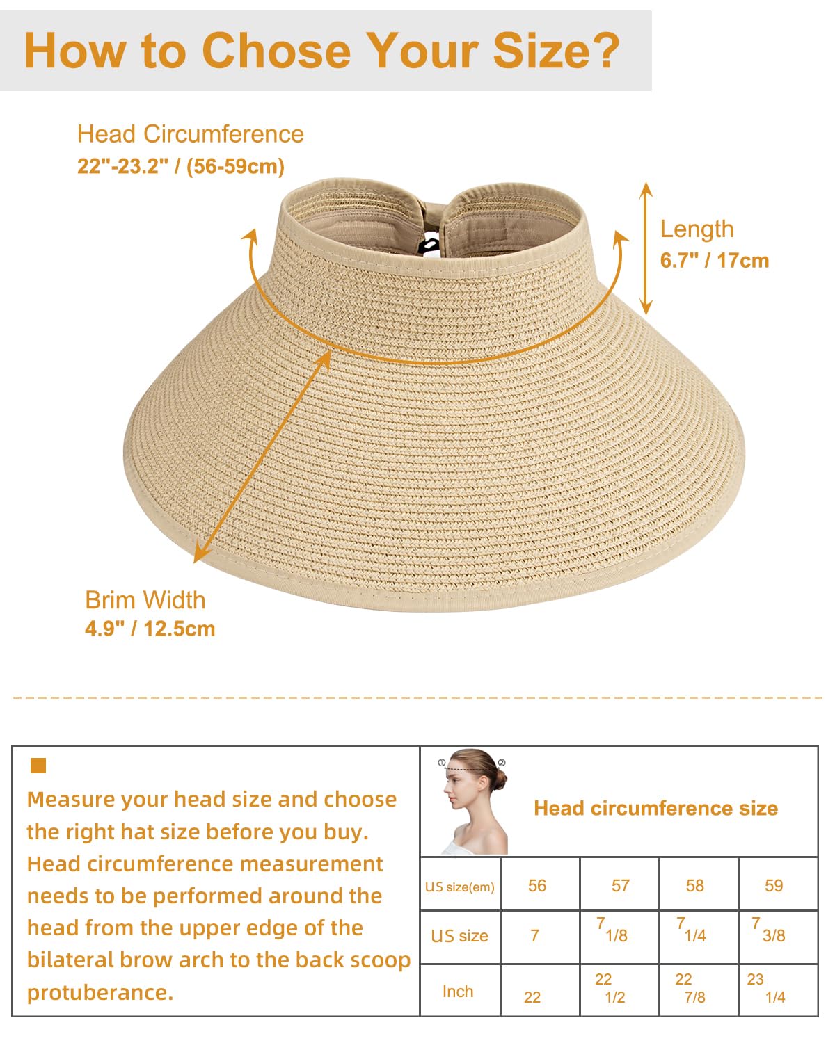 MAYLISACC Straw Sun Visor Hats for Women UPF50+ with Large Wide Brim, UV Protection Packable Floppy Beach Sun Hat Vicera Mujer Khaki