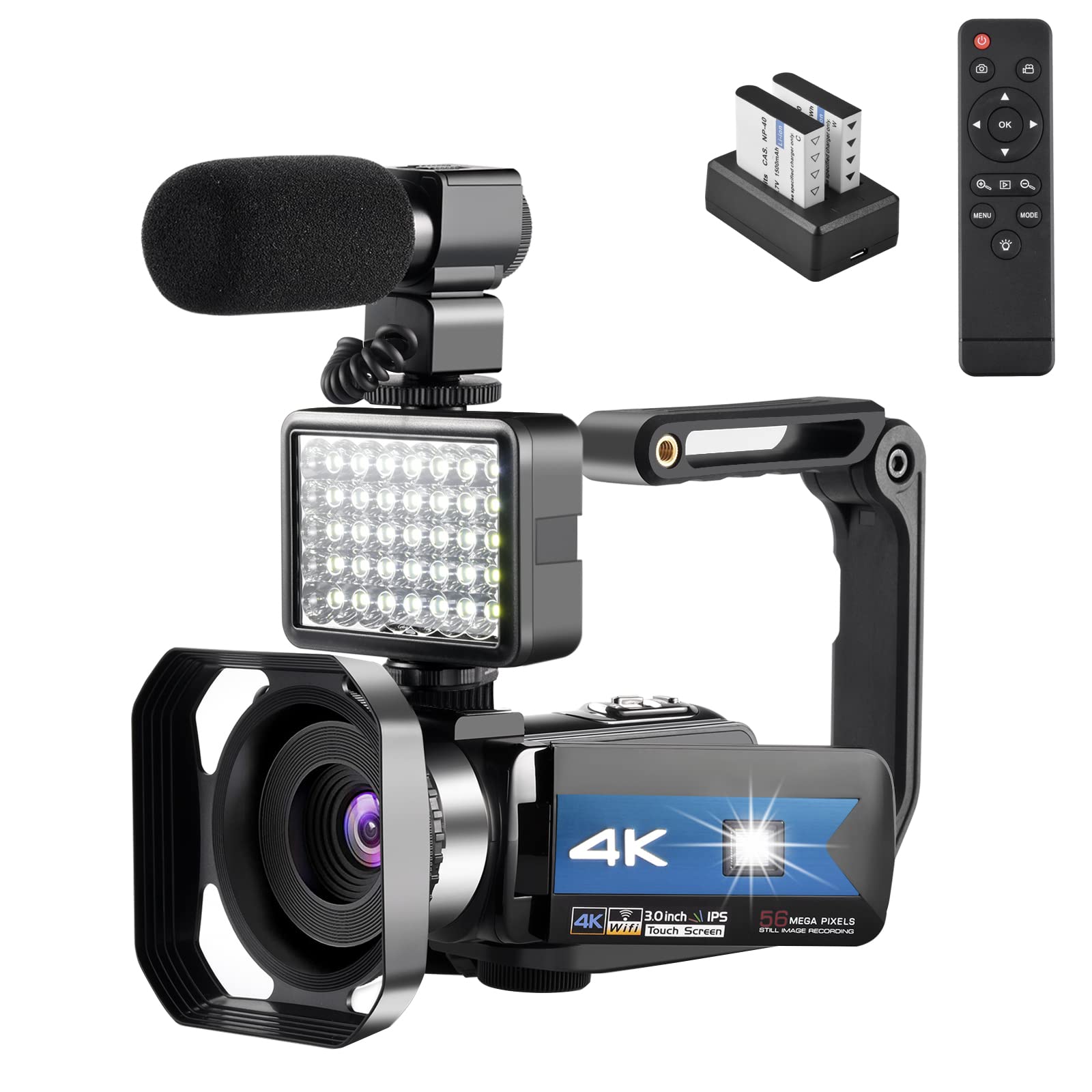 OIEXI 4K Camera for YouTube Videos HD Camcorder with LED Light Digital Vlog Camera with 16X Digital Zoom and Night Vision, Video Recorder with Microphone,(Blue,2 Batteries Included)