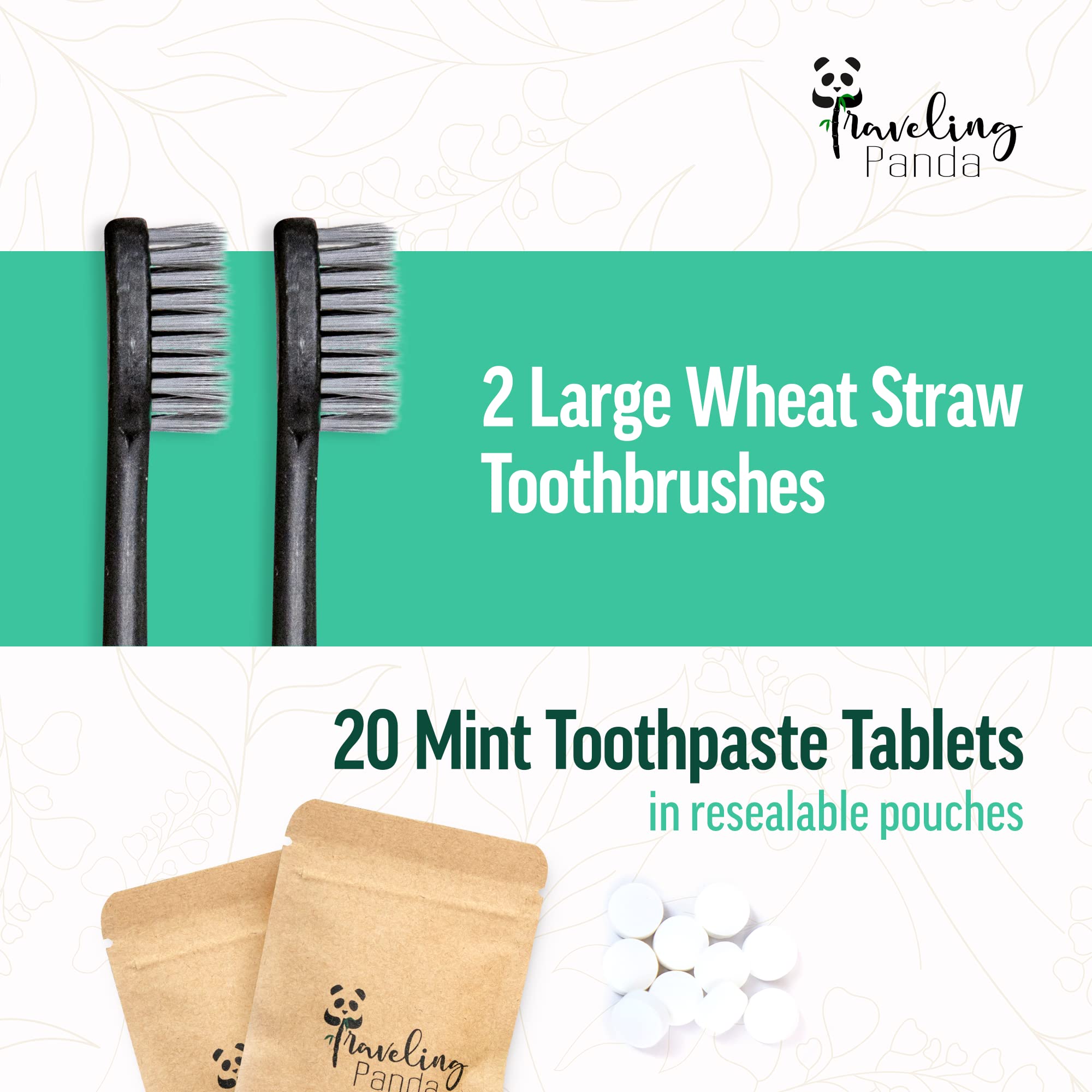 Traveling Panda Wheat Straw Toothbrushes, Charcoal Infused Soft Bristles Whitening, Travel Toothbrush Kit, Includes Brushes and Mint Toothpaste Tablets, 2 Large Brushes, 20 Tabs