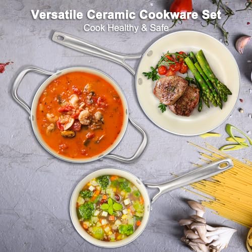 M MELENTA Pots and Pans Set, 7 Piece Nonstick Ceramic Cookware Set, Non Toxic Induction Pots and Pans, Oven Safe Handle & Bamboo Kitchen Utensils, Dishwasher Safe, 100% PFOA Free, Blue