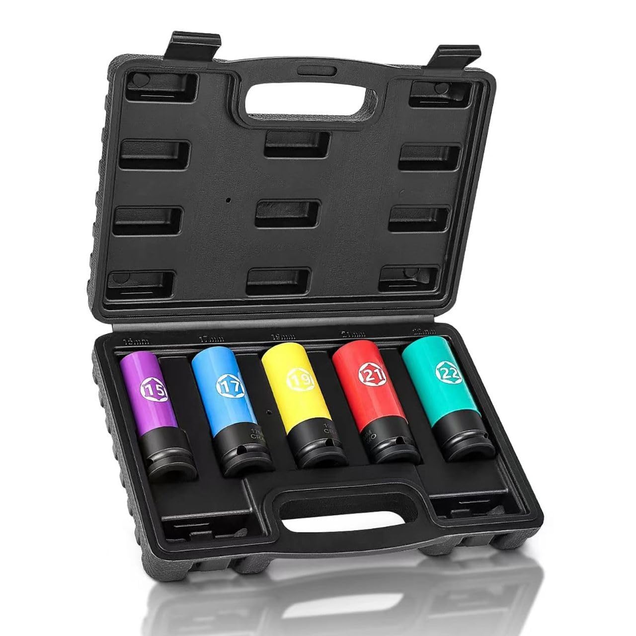 M MOKENEYE Robust 1/2" 5-Piece Impact Socket Set | Quick ID | Lug Nut Protector | CR-MO | 15-22mm Metric | Anti-Rust | Deep Features | For Impact Wrenches