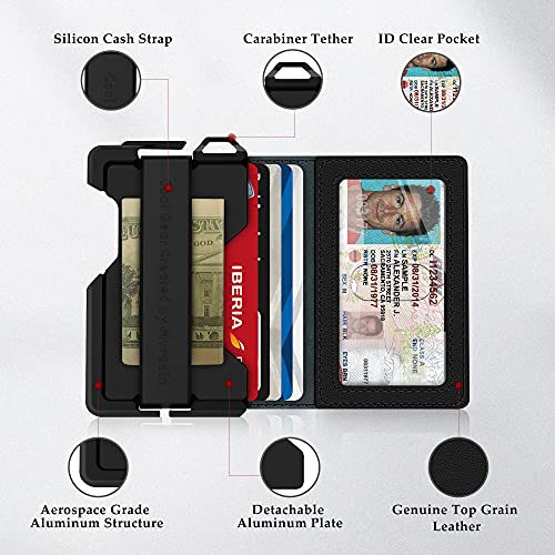 MURADIN Tactical Minimalist Wallet for Men, Slim RFID-Blocking Metal Card Holder, Front Pocket Men’s Leather Dapper Bifold Wallet with Money Clip with Keychain (Black)