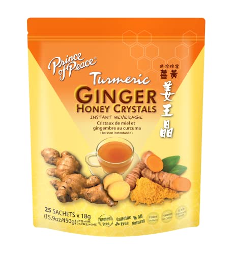 Prince Of Peace Instant Ginger Honey Crystals w/ Turmeric, 25 Sachets β Instant Hot or Cold Beverage β Easy to Brew Ginger and Honey Tea, Caffeine and Gluten Free