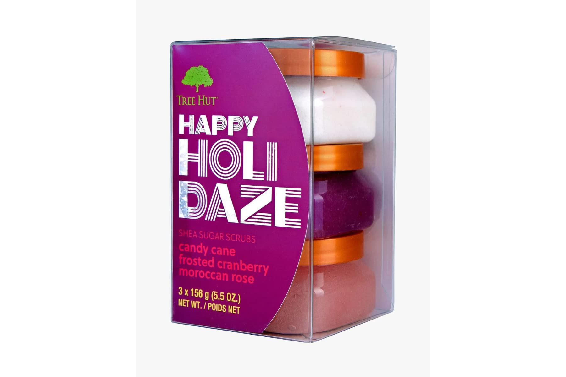 Tree Hut Happy Holidaze Shea Sugar Body Scrubs, Trio Gift Set, 3x 5.5 ounces, Candy Cane, Frosted Cranberry, Moroccan Rose 16.5 Ounce