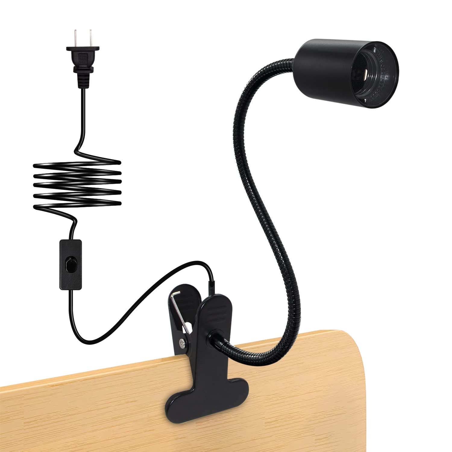 PNLIARN Desk Clip Lamp Holder,E26/E27 Clamp Light Socket, 360° Flexible Gooseneck Clip on Light Socket with Switch, Plants Growth Light,for Office,Bedside,Black (No Bulb)