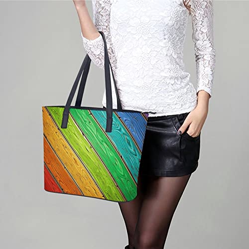 Rainbow Old Wooden Painted Women's Tote Bag PU Leather Shoulder Bag Handbags Purse For Work Shopping Travel