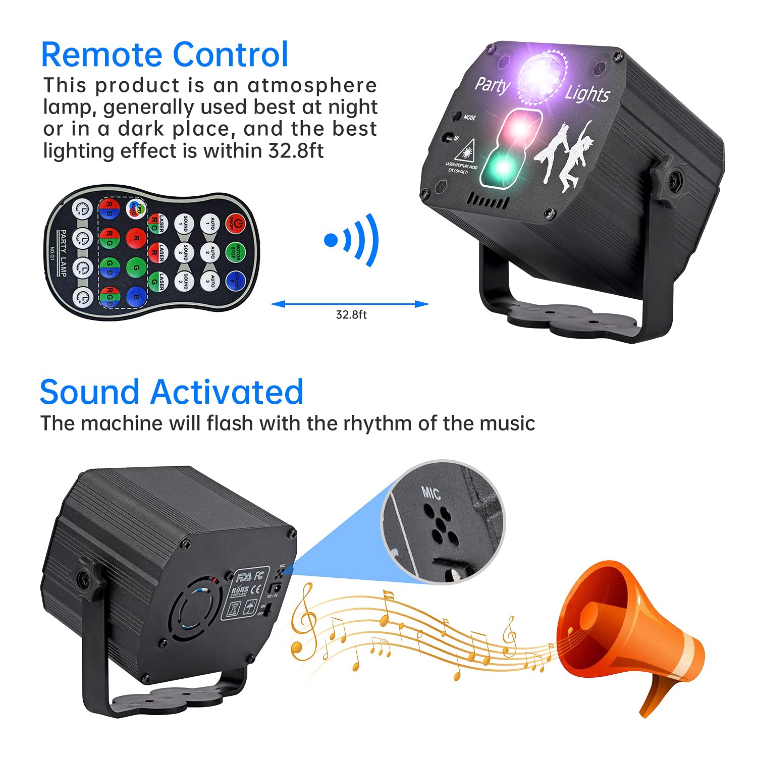 Party Lights Dj Disco Light,Rotating Strobe Lights for Room USB Remote Control & Sound Activated, Multiple Patterns Projector for Parties Bar Karaoke Birthday Holiday Decorations