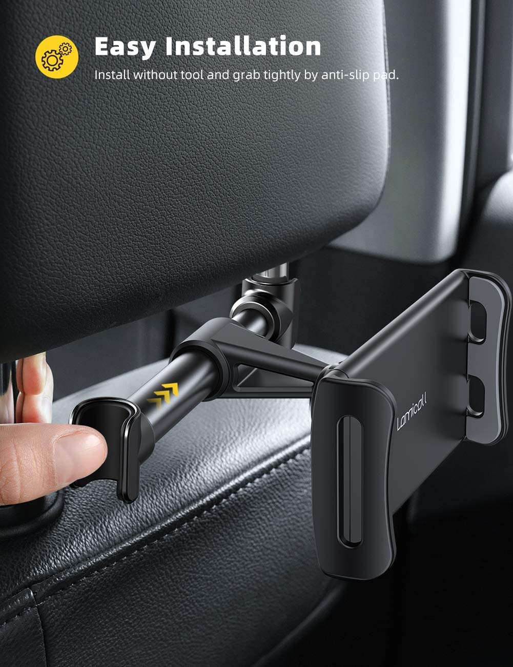 Lamicall Car Headrest Mount, Tablet Headrest Holder - Stand Cradle Compatible with iPad Pro Air Mini, Galaxy Tabs, Other 4.7-10.5" Cellphones and Tablets - Black