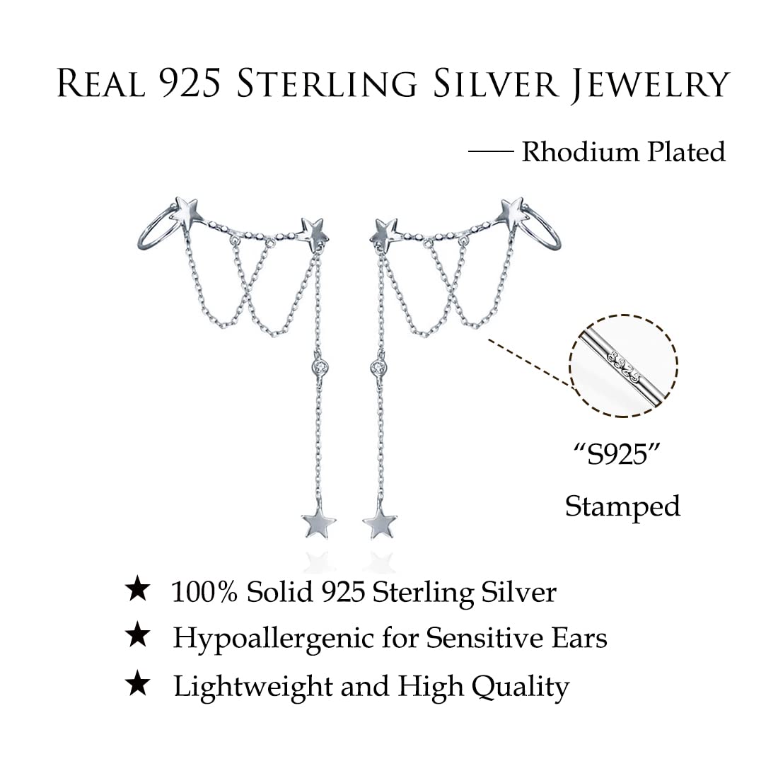 Reffeer Solid 925 Sterling Silver Star Cuff Earrings Chain Dangle for Women Star Wrap Earrings Crawler (A-Silver)