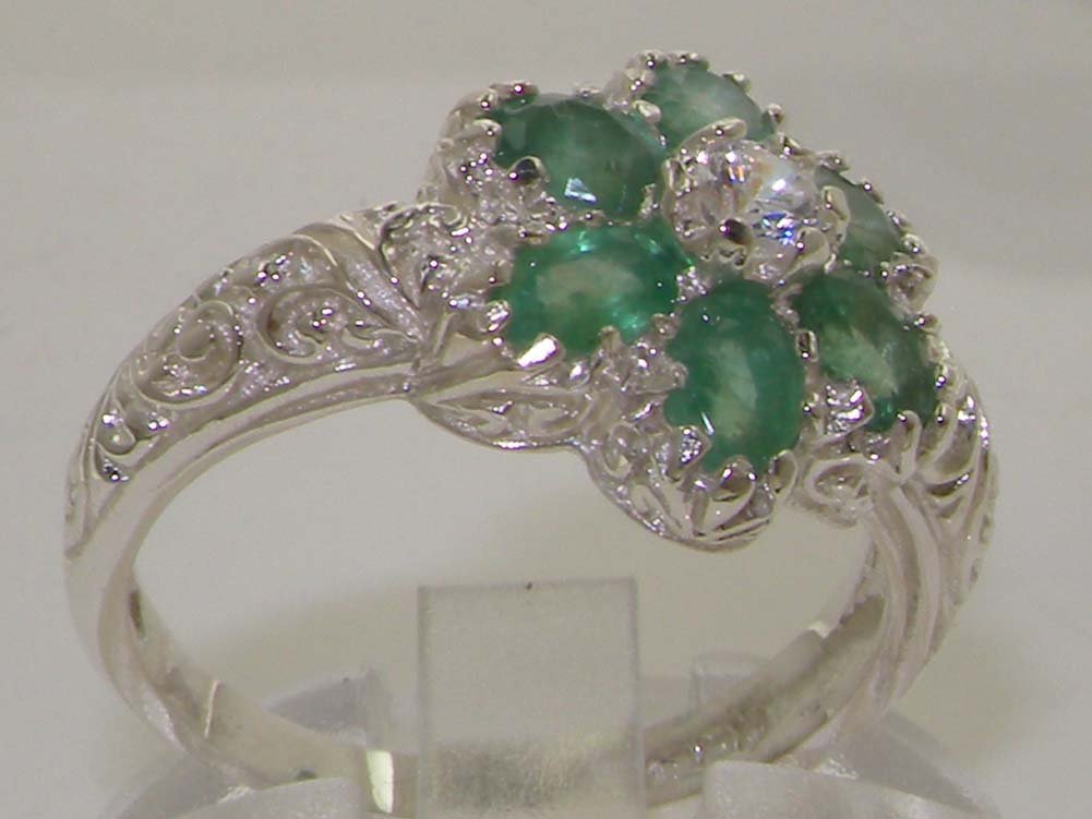 LetsBuyGold 925 Sterling Silver Real Genuine Emerald & Diamond Womens Cluster Ring - Size 11 (0.09 cttw, H-I Color, I2-I3 Clarity)