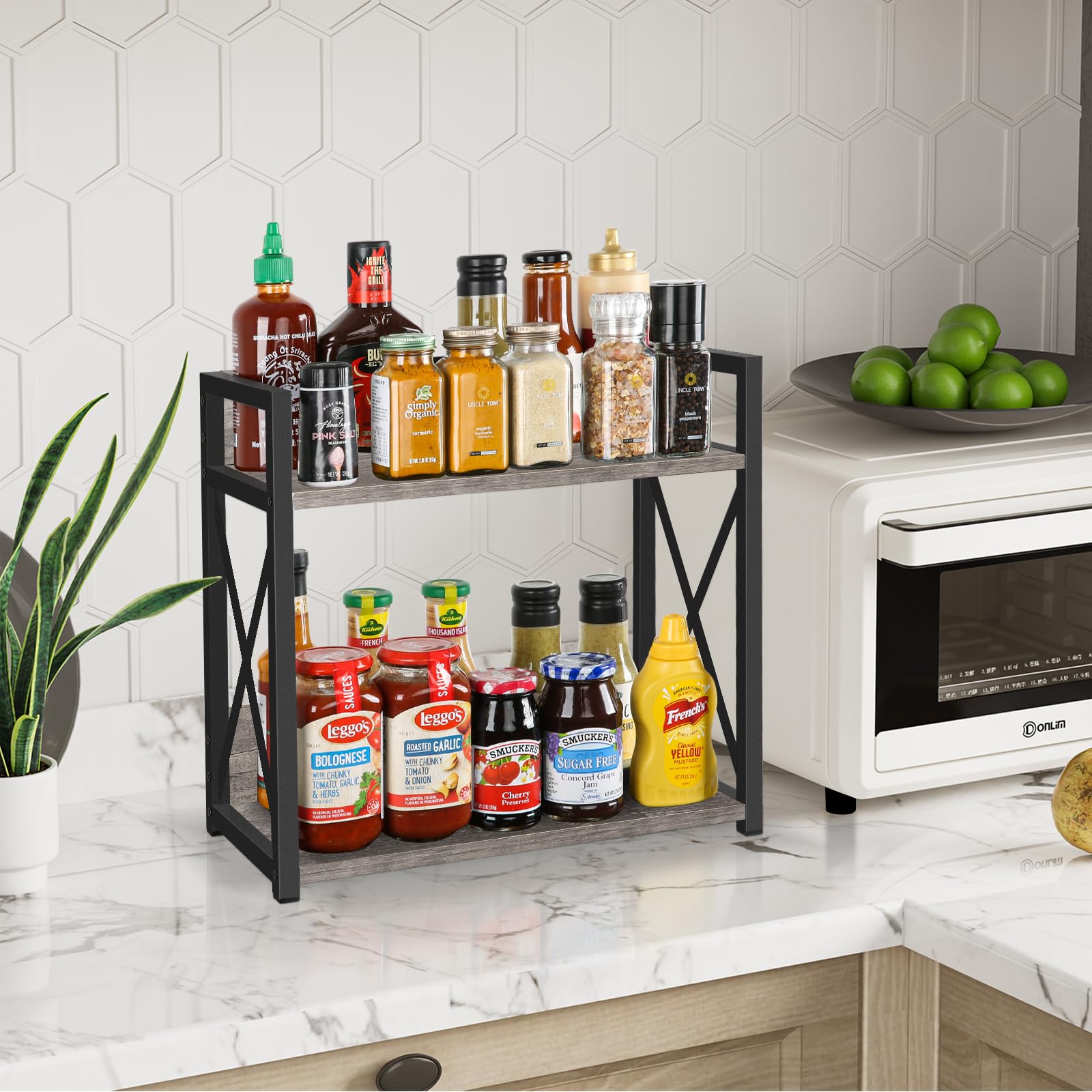 YINMIT Coffee Bar Accessories Organizer, Spice Rack Organizer, Wooden Kitchen Counter Shelf, 2 Tier Coffee Organizer Station for Countertop, Coffee Condiment Rack for Mugs, Cups, Cream, Syrup (Large)