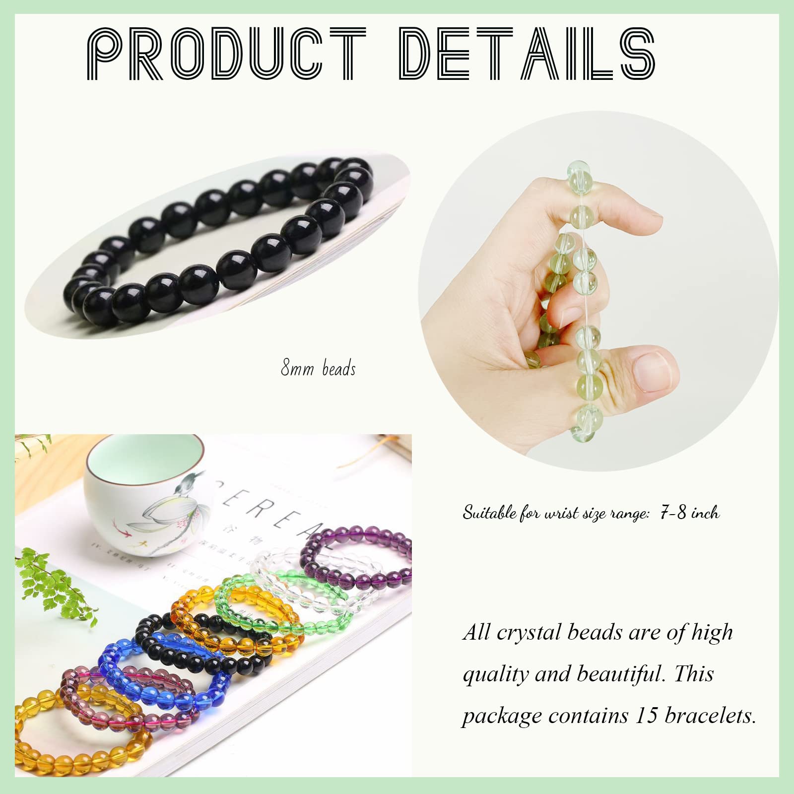 SROBENZ 15 PCS Crystal 8mm Round Beaded Bracelet Set Healing Glass Stretch Bracelets for Women Men Round Beads Elastic Bracelets