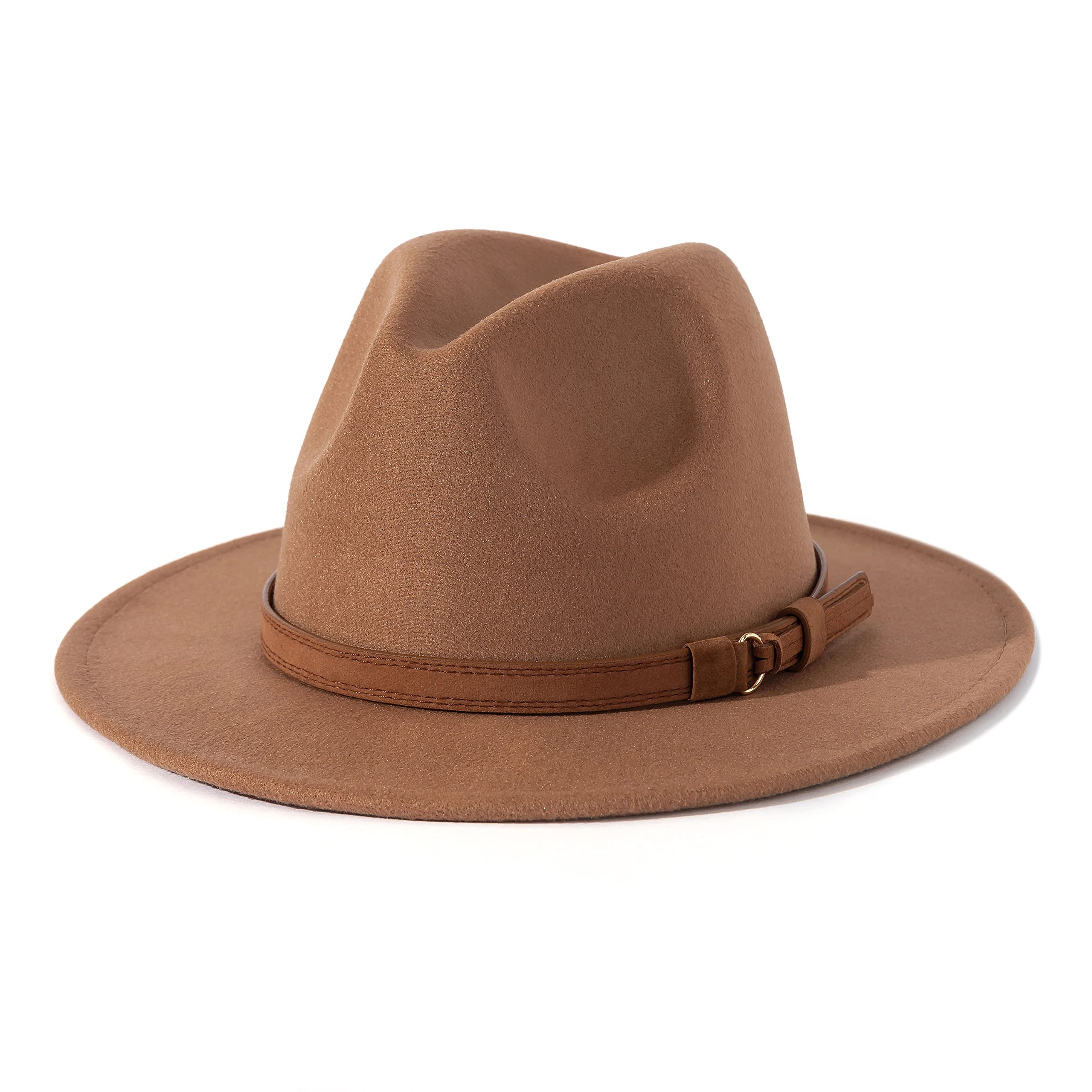 Lisianthus Men & Women Vintage Wide Brim Fedora Hat with Belt Buckle A-Khaki 59-60cm