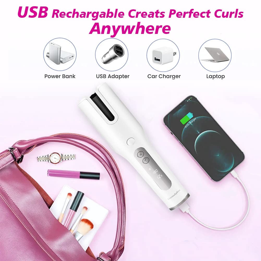 LANSE Rechargeable Cordless Automatic Hair Curler Portable Curling Stick Thermal Insulation Anti-scalding Design Smart Constant Temperature Curling Iron (White)
