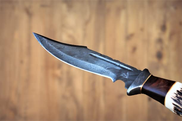 PSK132 - Damascus Steel Bowie Knife, Hunting knife, Viking knife, Stag Crown, Top Selling, Brown