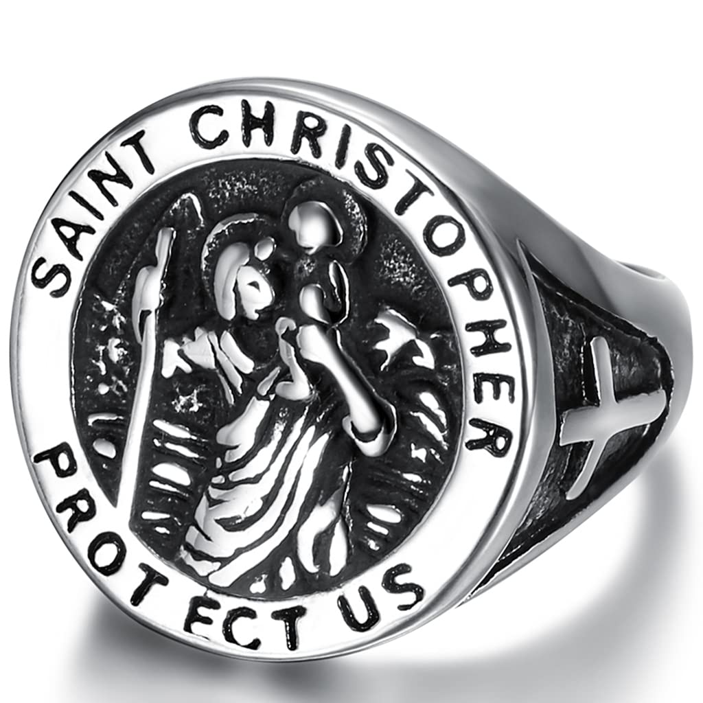 Retro Vintage Stainless Steel Saint Christopher Protect Us Cross Religious Catholic Round Signet Ring (Silver, 14)