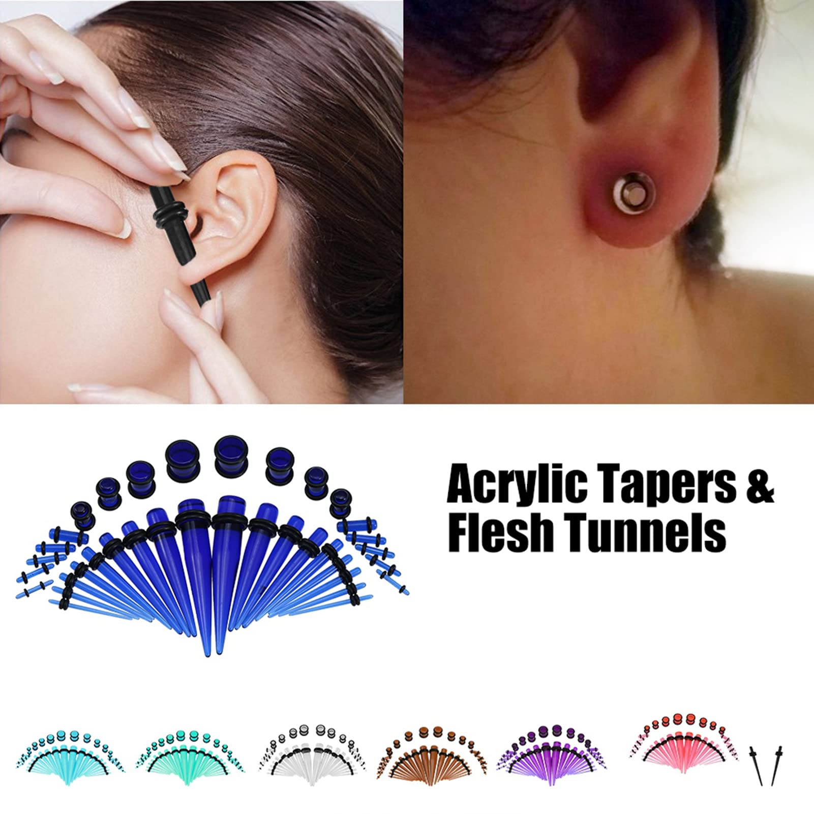 POCREATION Ear Gauges Stretching Kit, 8 Types Fashionable Acrylic Stretcher Ear Plug Taper Expander O-Ring Stretching Kit Body Piercing Jewelry(Transparent pink)