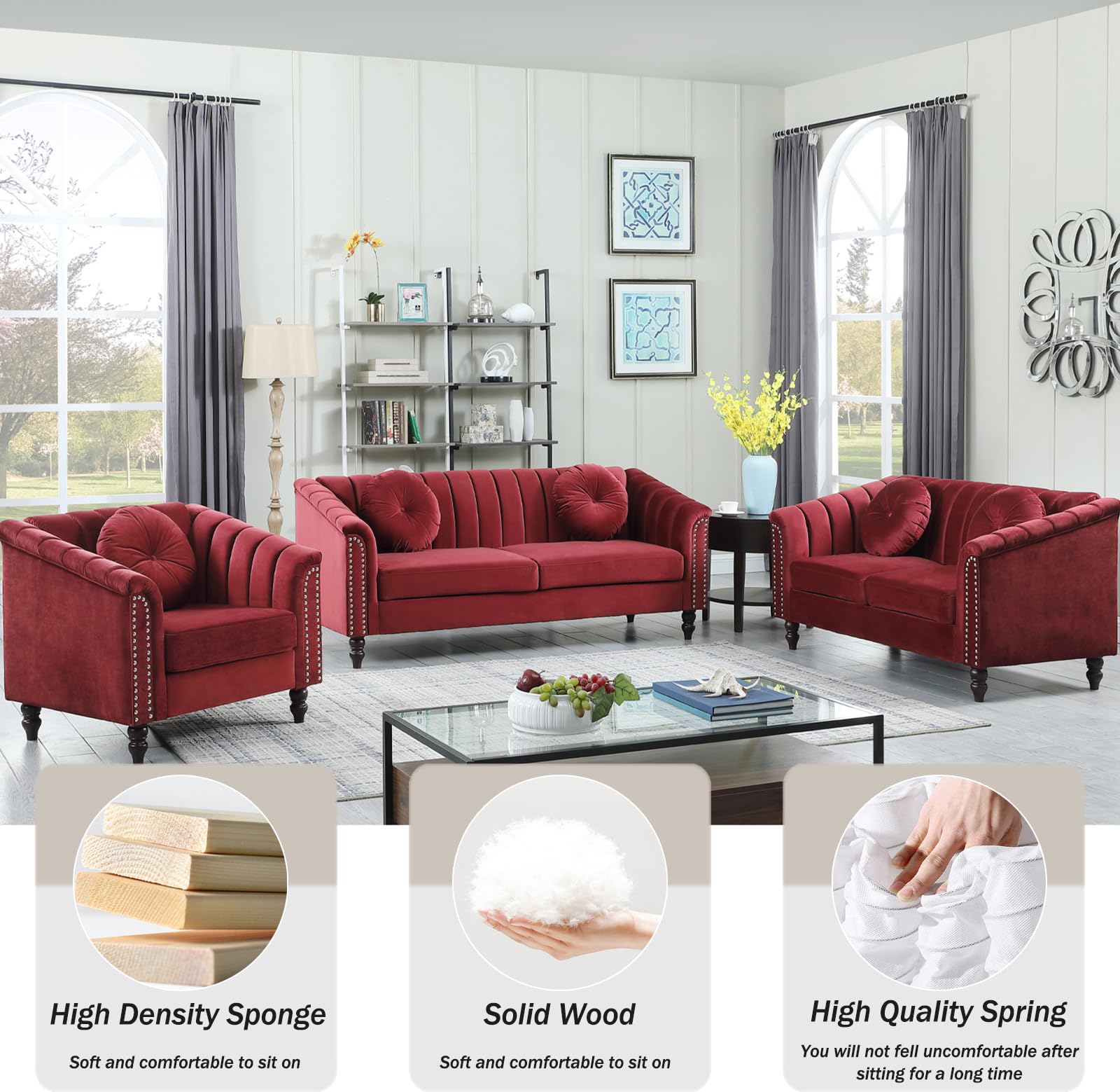 YIPDFERNOR Red Lint 3-Piece Living Room Sofa Set, Contemporary Sofa Couch Set, for Living Room Furniture Sets、Offices、Apartments(Chair)