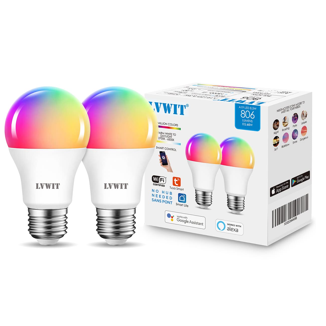 LVWIT Smart Light Bulbs Alexa, A19 60W Equivalent, E26 Smart LED, Work with Google Assistant, Smart Life App, Tuya App, RGB Color Changing Bulb (8.5W), No Hub Required, 4-Pack