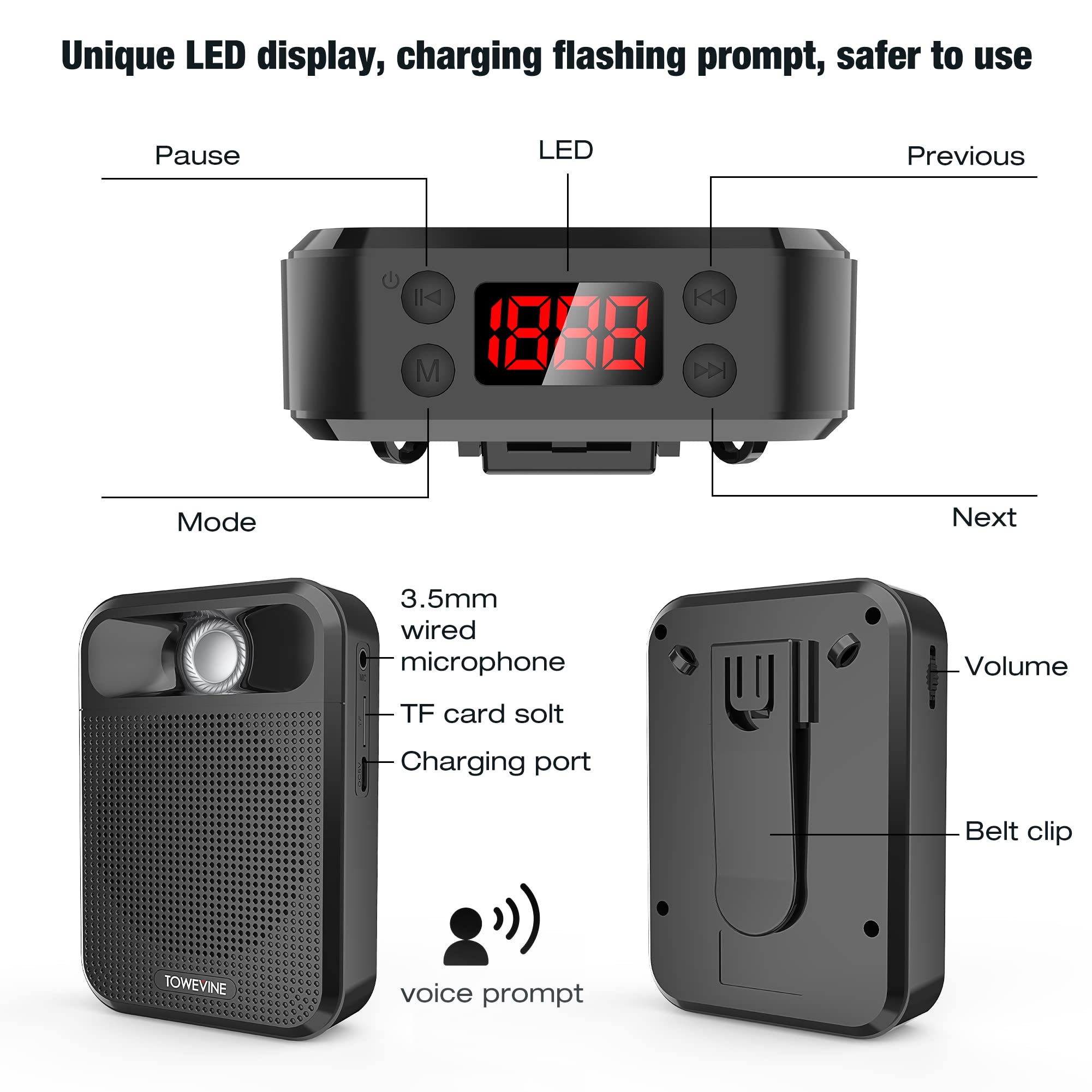 Portable Voice Amplifier, Towevine Rechargeable Microphone for Teachers, Speaker with Headset and Waistband for Classroom, Singing, Coach, Training, Presentation, Tour Guide