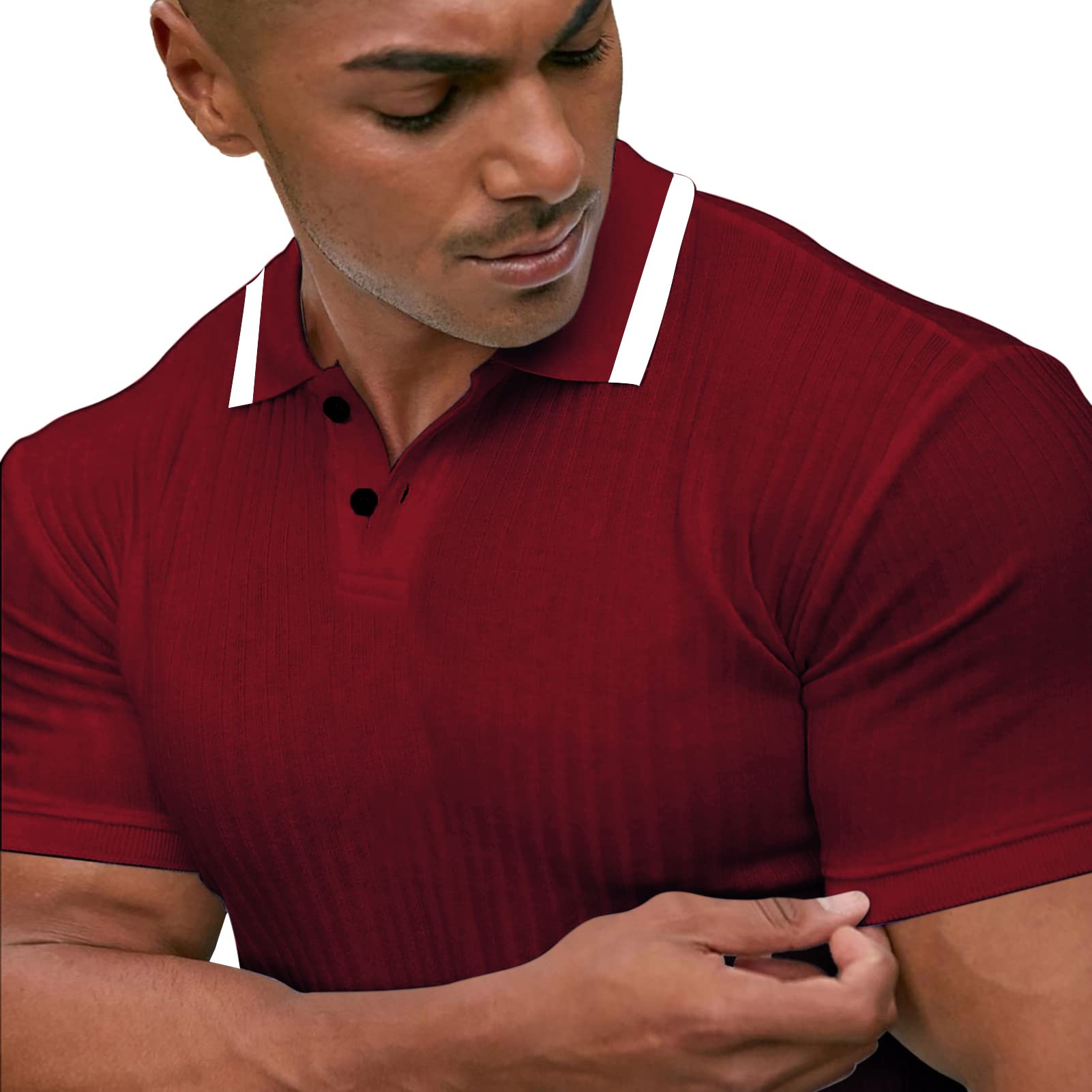 Polo Shirts for Men Short Sleeve T Shirts Golf Shirts Collared Slim Fit Ribbed Workout Muscle Casual Red 2XL