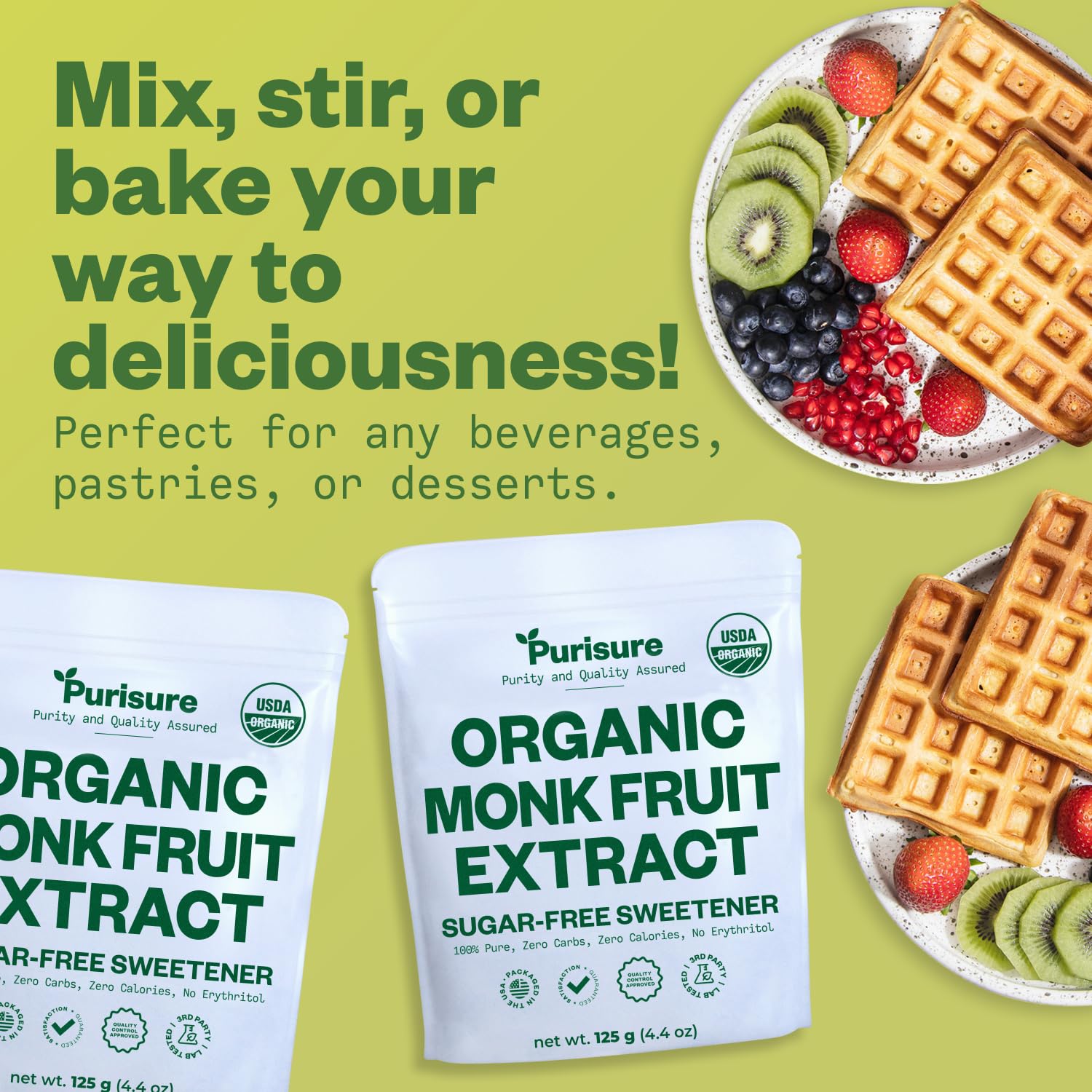 Organic Monk Fruit Sweetener, 125g (4.41oz) 400 Servings, No Fillers Pure USDA Organic Monk Fruit Extract Powder with No Aftertaste, Zero Calorie & Zero Carbs, Keto & Paleo Friendly, by Purisure