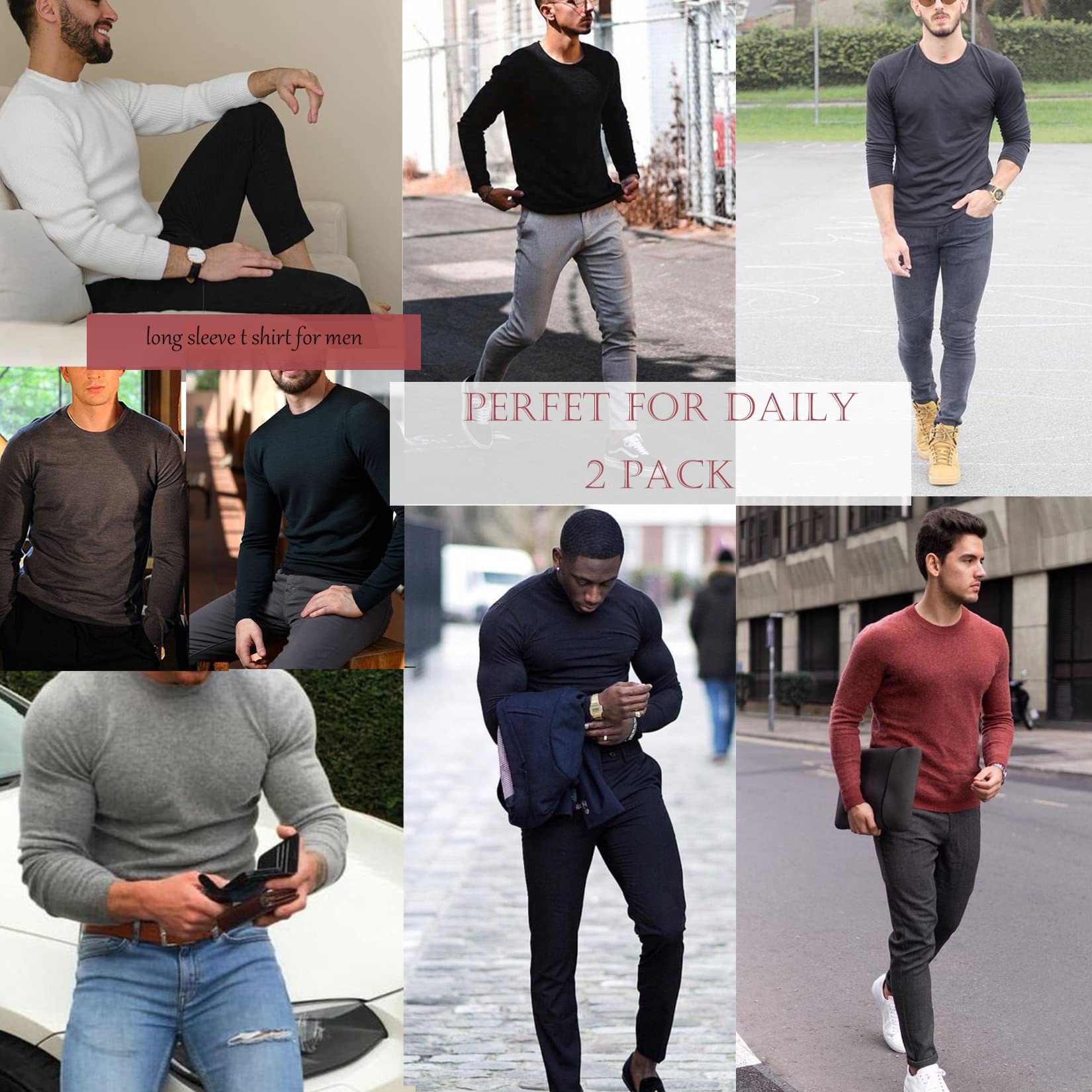 Muscle T Shirts for Men 2 Pack Stretch Long Sleeve Slim Fit Casual Gym Workout Athletic Knit Tee Shirts Black & White XL