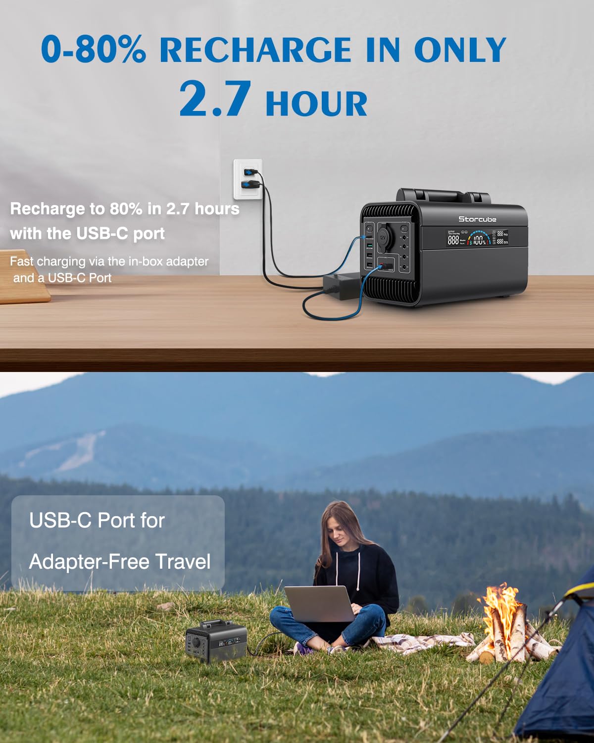 Portable Power Station 600W, STORCUBE Solar Generator 577Wh with 3 AC Outlet, PD 100W Output, Lithium Battery Backup, Solar Powered Generators for Camping Outdoor Home Emergency (1000W Surge)