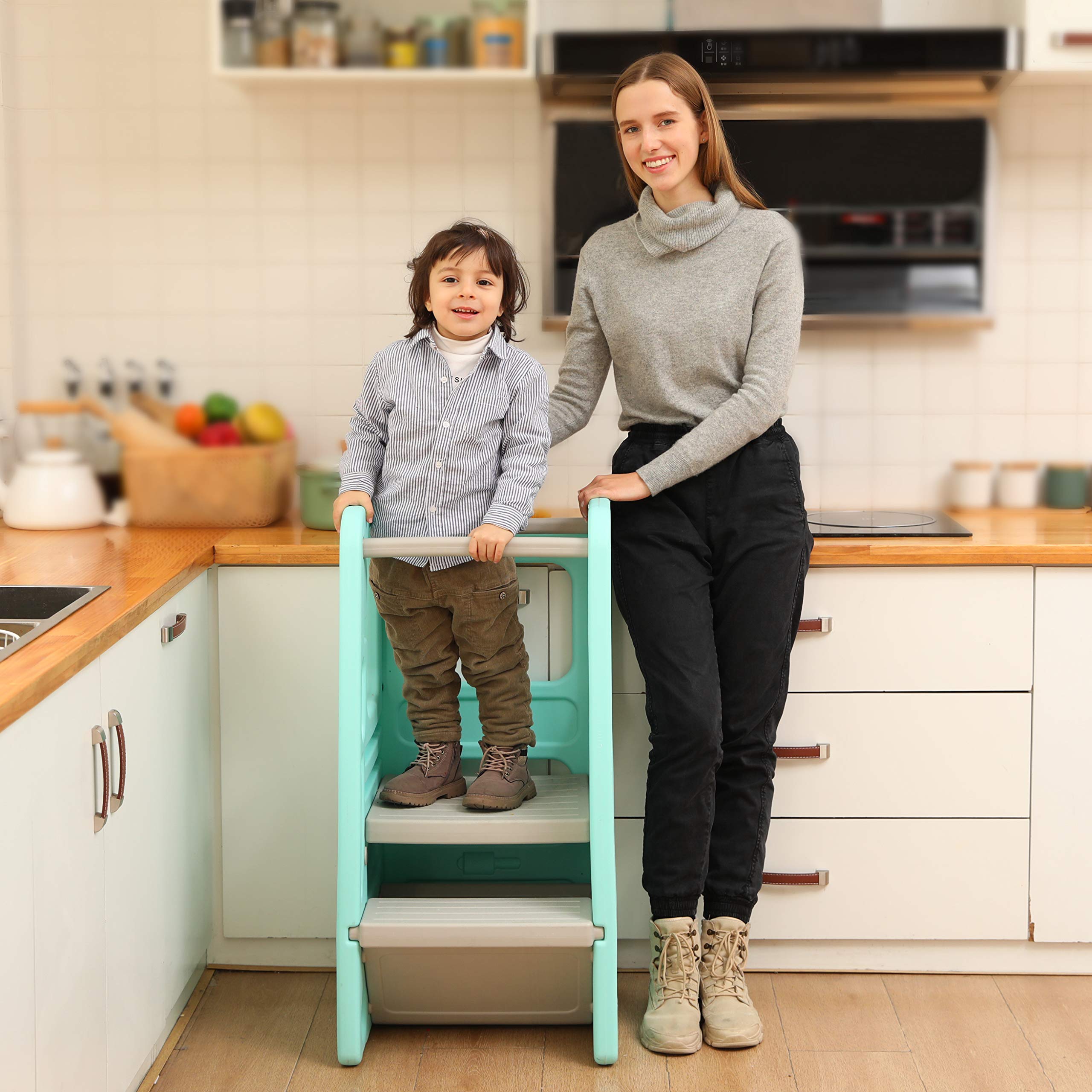Little Helper Kitchen Step Stool - SafeStep Toddler Kitchen Stool with 3 Adjustable Height, Dual Safety Rails, Non-Slip Feet Pads (White)
