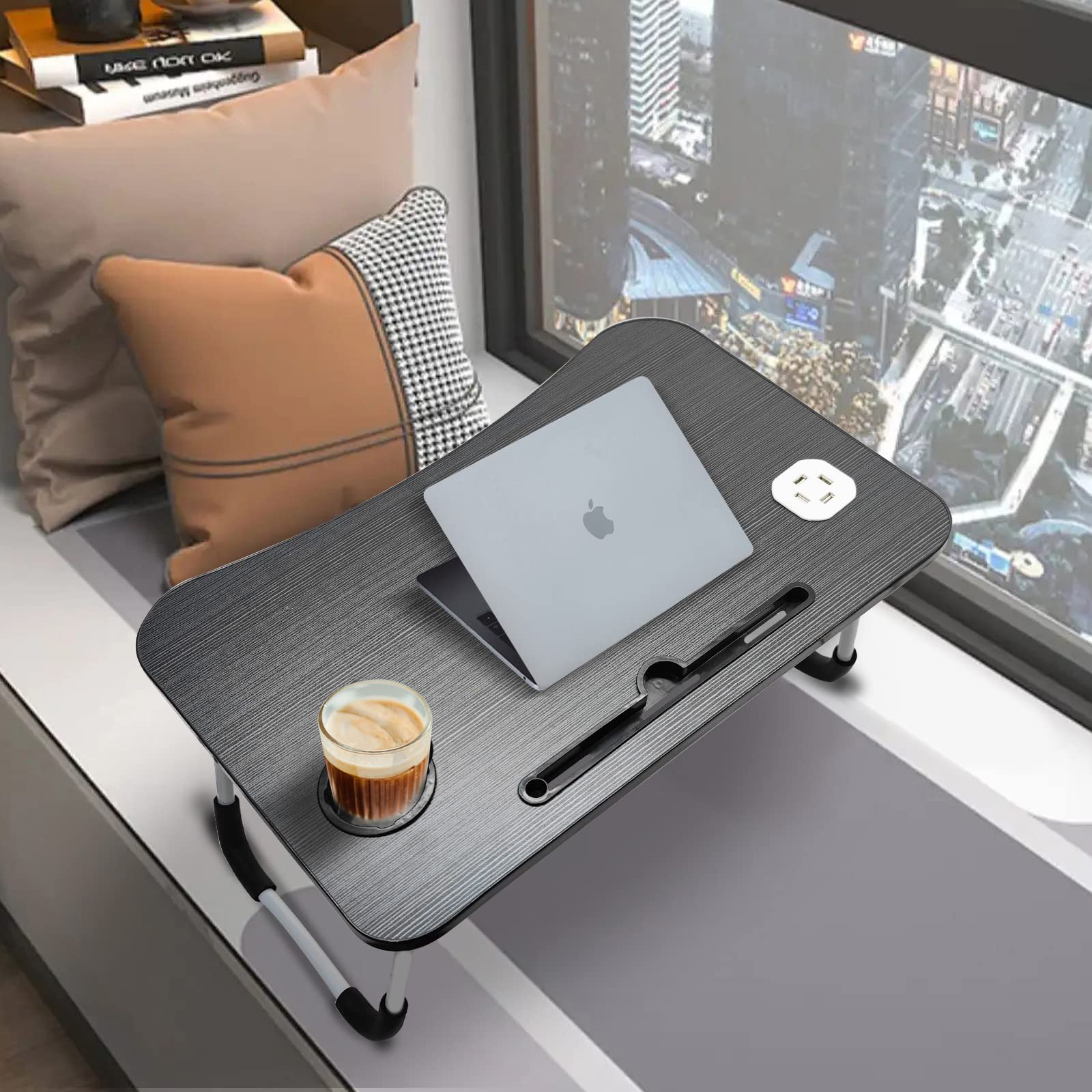 Lap Desk for Laptop, Foldable Bed Desk Table with USB Charge Port/Cup Holder/Storage Drawer, Laptop Stand for Bed/Couch/Sofa Working, Reading
