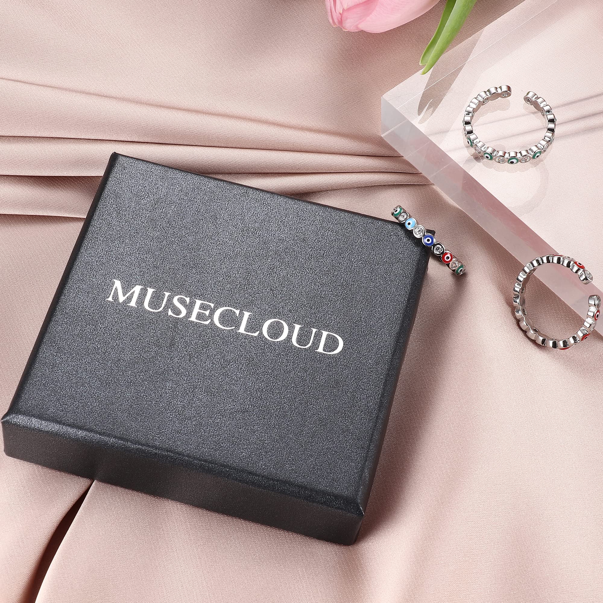 MUSECLOUD 14K Gold Plated Evil Eye Ring for Women 3PCS White Gold Plated Eye Ring Set Adjustable Stackable Rings Minimalist Protection Jewelry (Silver)
