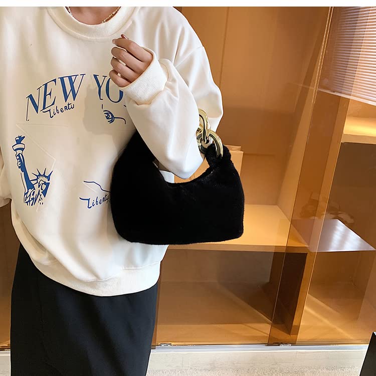 SsgdmnQ Women's winter black casual plush fashion metal chain cute handbag