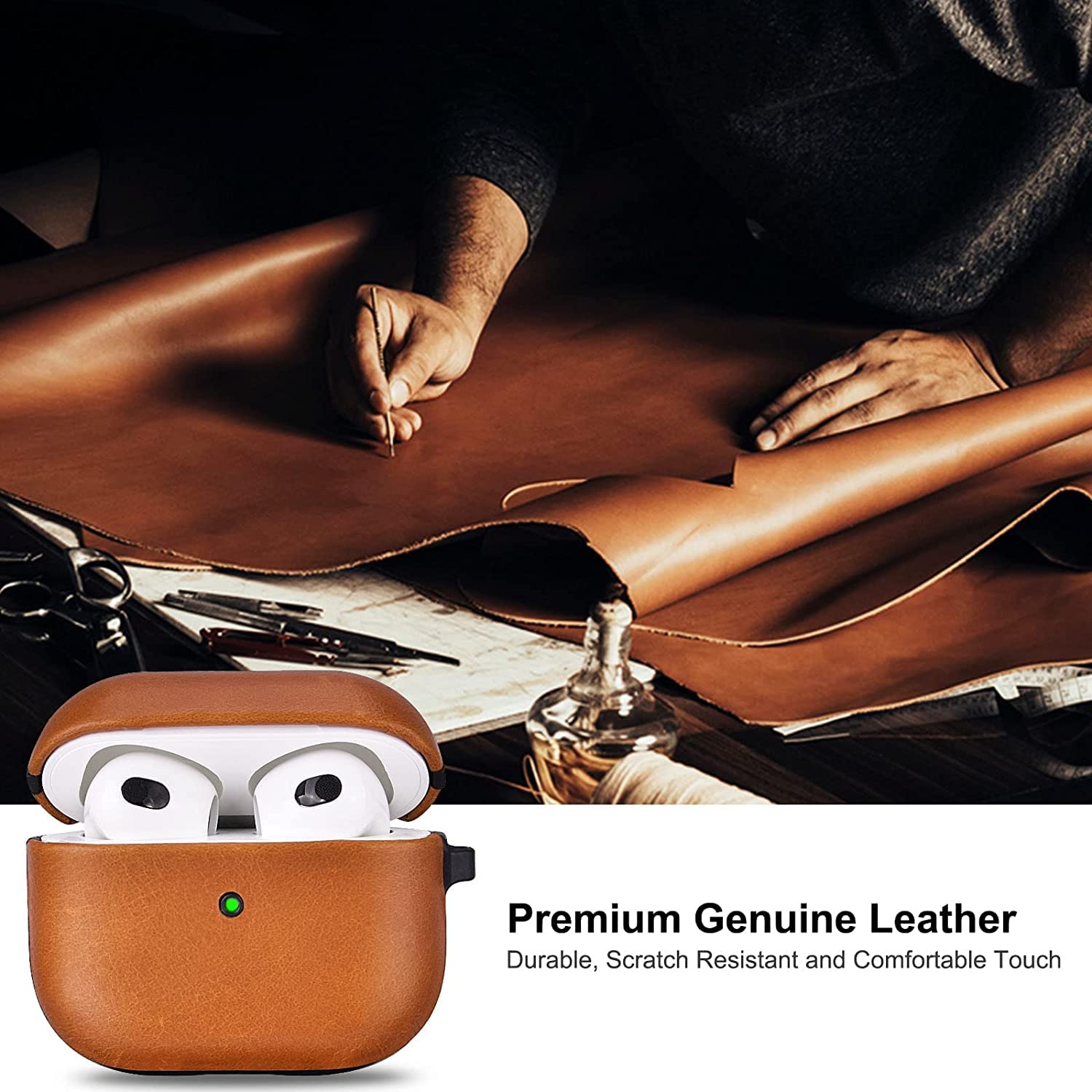 V-MORO Leather Case Compatible with Airpods 3rd Generation [Front LED Visible] Case for Airpods 3 Leather Protective Cover Skin with Keychain for Men and Women - Light Brown