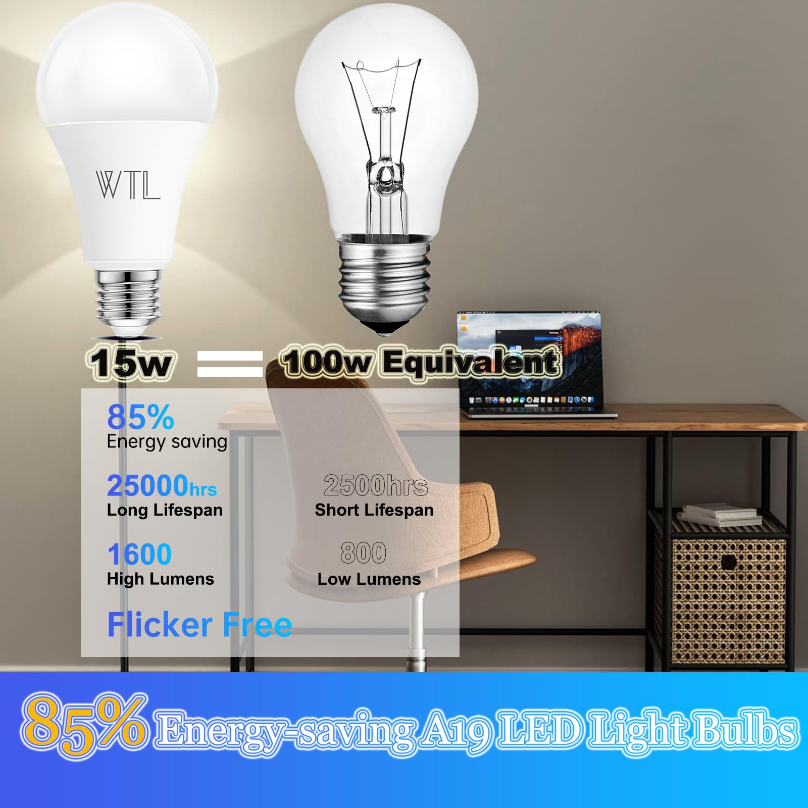 WTL A19 LED Light Bulbs 100 Watt Equivalent (Not Dimmable), 3500K Natural White, 1600 Lumens, E26 LED Bulbs 15W, Energy Saving Light Bulb for Living Room (4 Pack)