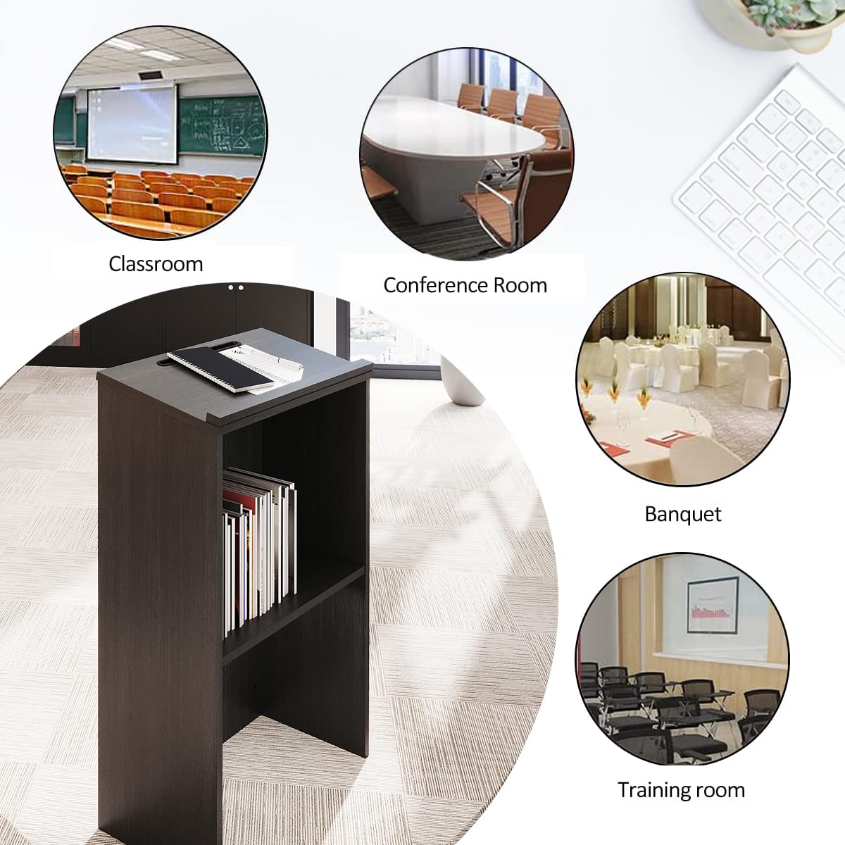 Podium Stand,Wooden Speaking Lectern,Lectern Podium for Classroom,Churches,Auditorium,Meeting Room,Reception Desk of Podium with Adjustable Shelf(Black)