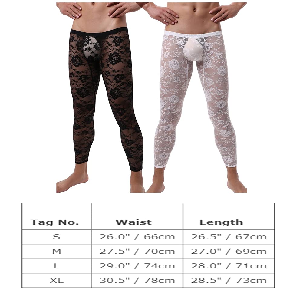 Men's Sissy Floral Lace Sheer Mesh Long Pants Leggings Low Rise Semi See Through Transparent Long Johns Tights Black Small