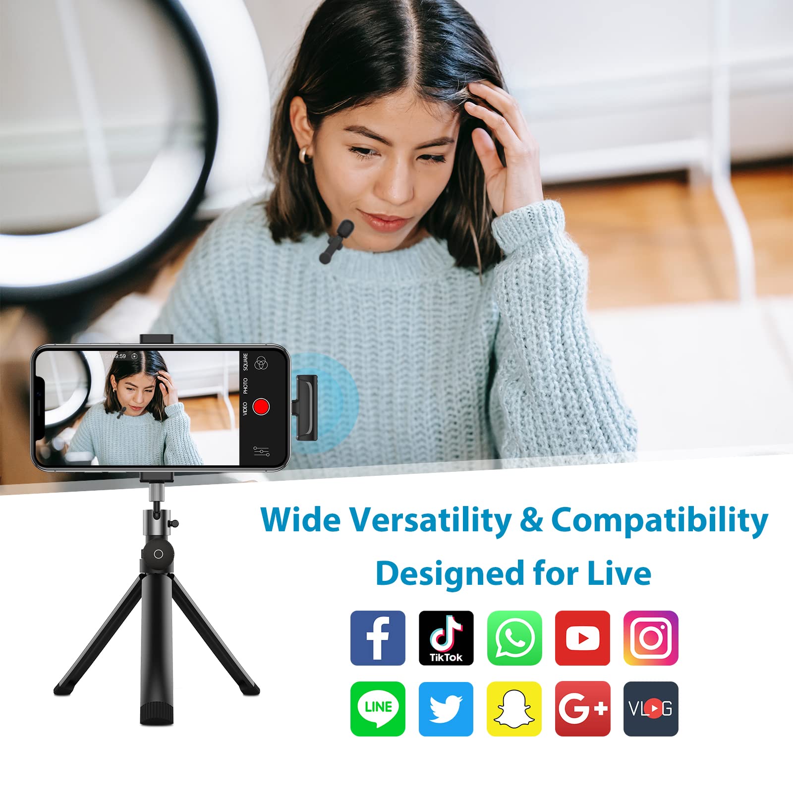 Queeon Wireless USB lavalier Microphone for iPhone ipad - for Recording & YouTube Video - Plug and Play Noise Reduction Clip Microphones for Phone (NO APP or Bluetooth Needed) (Black)