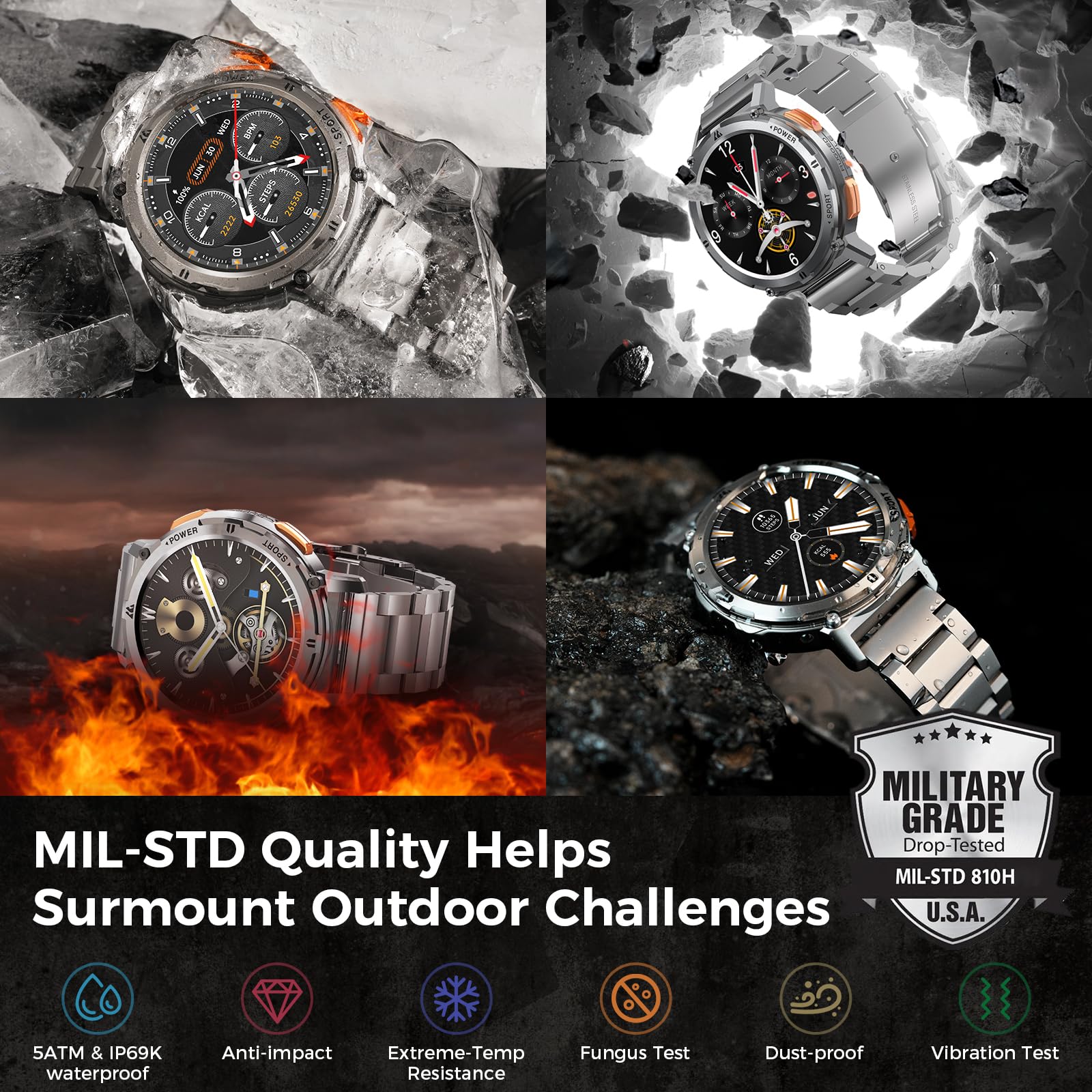 KOSPET Smart Watch for Men, 60 Days Extra-Long Battery, 50M Waterproof, AI Assistant 1.43β AMOLED Always-On Display Rugged Military Smartwatch Answer/Make Call for Android iPhone, Silver(2 Straps)