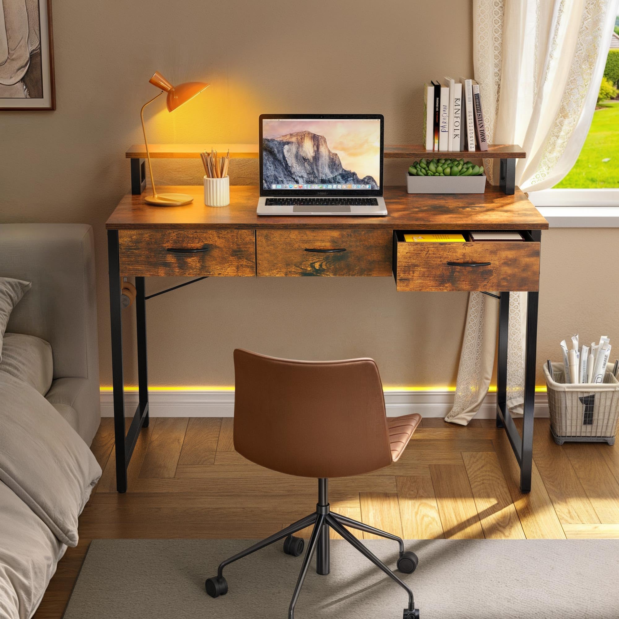 YITAHOME Small Computer Desk with Drawers, Office Desk with Monitor Stand for Small Spaces, Home Office Desks, Writing Desk Study Desk with Hooks, 31.4 x 19.7, Rustic Brown