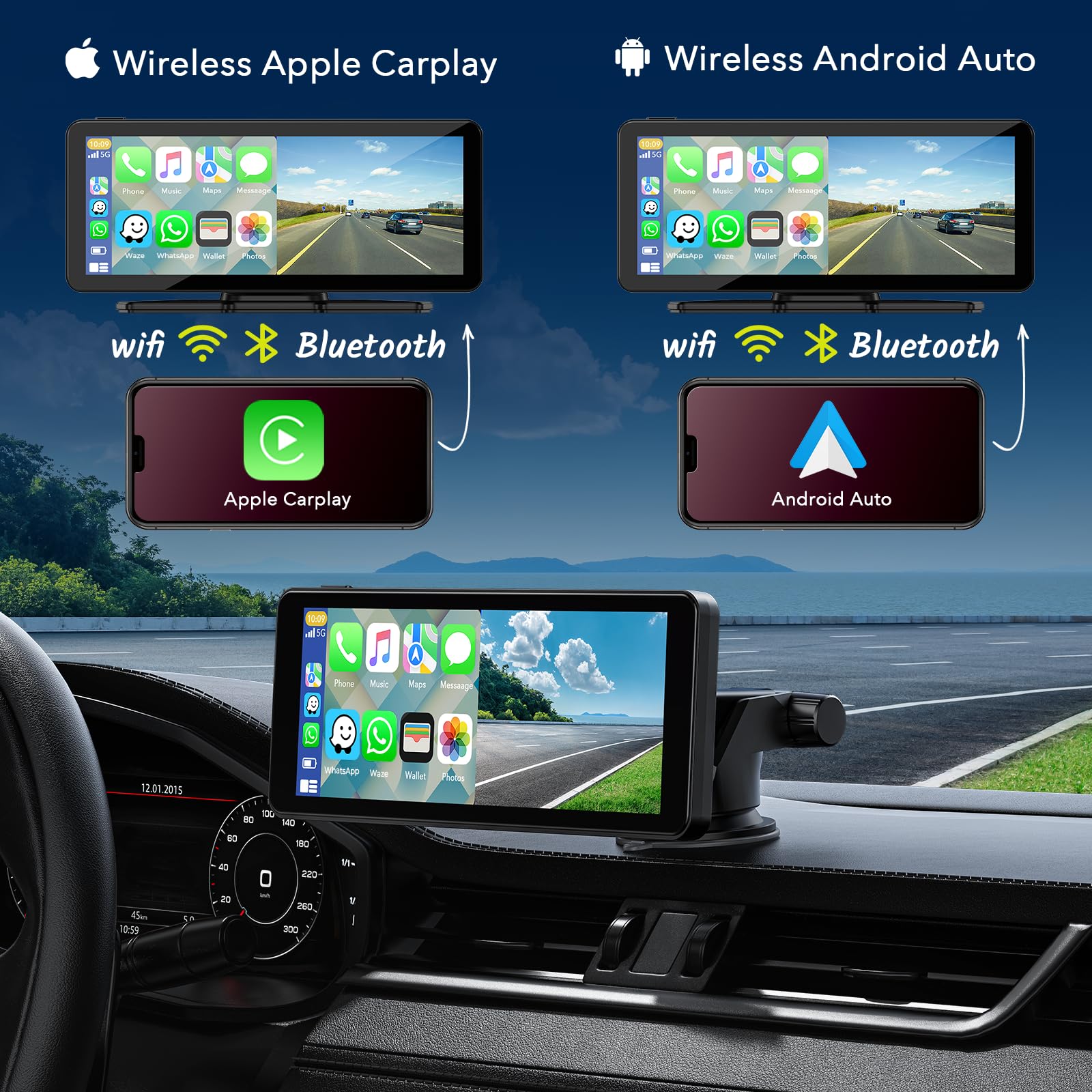 LAMTTO Wireless Apple Carplay Car Stereo Portable 6.86" Touch Screen Car Play and Android Auto 1080p Backup Camera Drive Mate GPS Navigation with Mirror Link/Siri/FM/Bluetooth